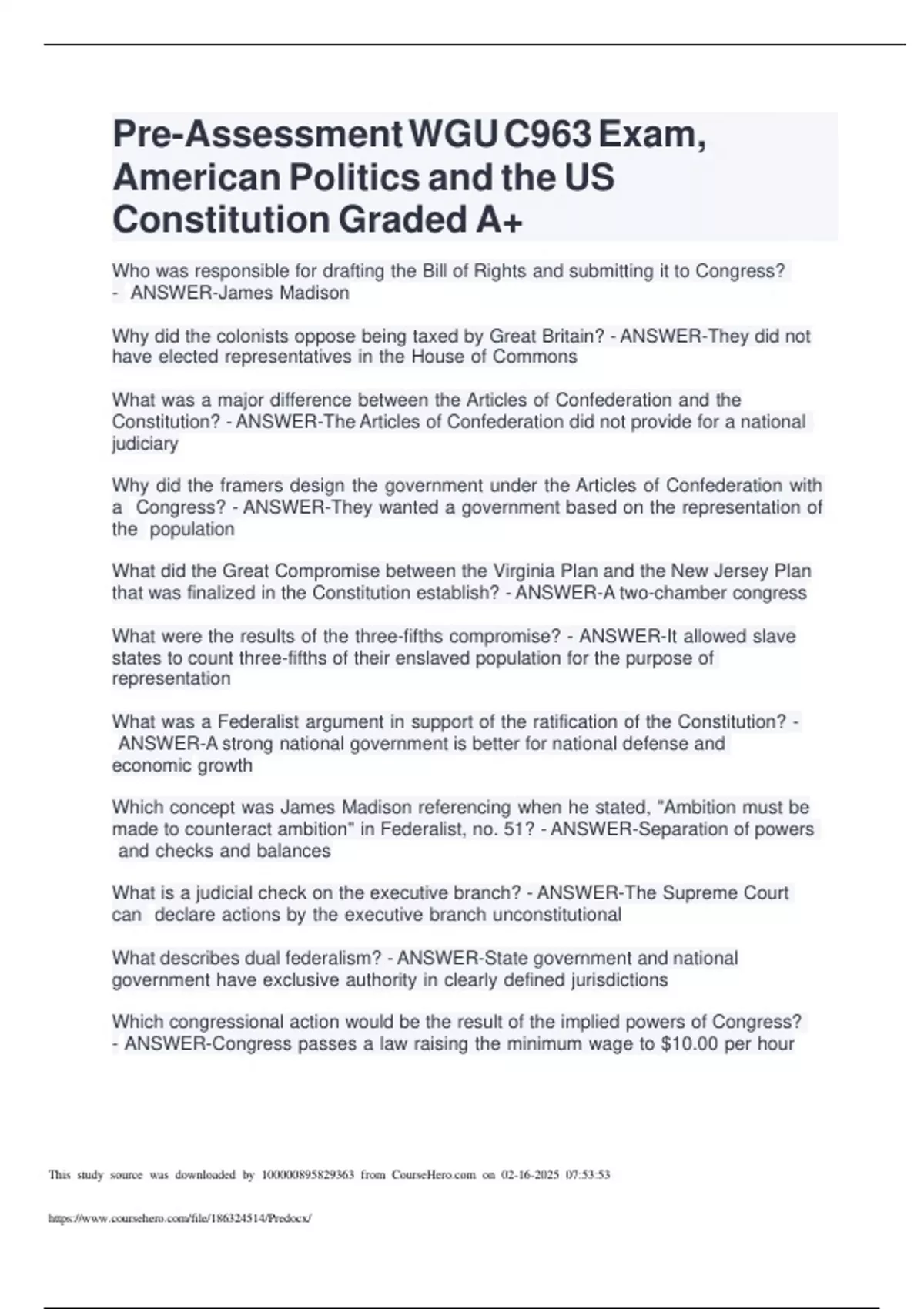 Pre-Assessment WGU C963 Exam, American Politics and the US Constitution ...