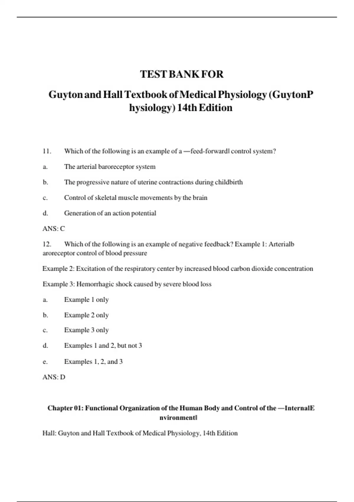 TEST BANK FOR GUYTON AND HALL TEXTBOOK OF MEDICAL PHYSIOLOGY 14TH ...
