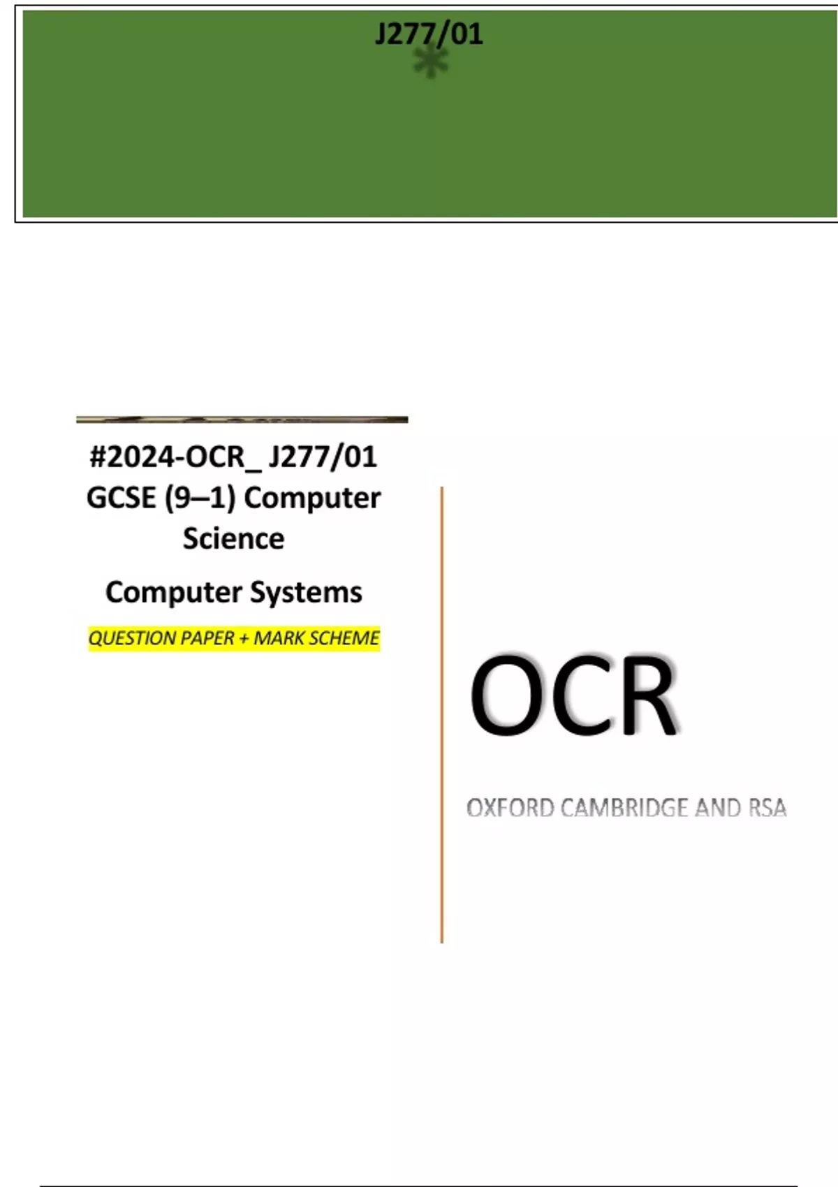 OCR 2024 GCSE (9–1) Computer Science J277 Paper 1 & 2 including mark ...