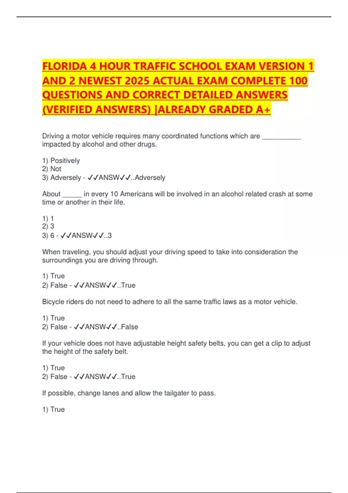 FLORIDA 4 HOUR TRAFFIC SCHOOL EXAM VERSION 1 AND 2 NEWEST 2025 ACTUAL ...