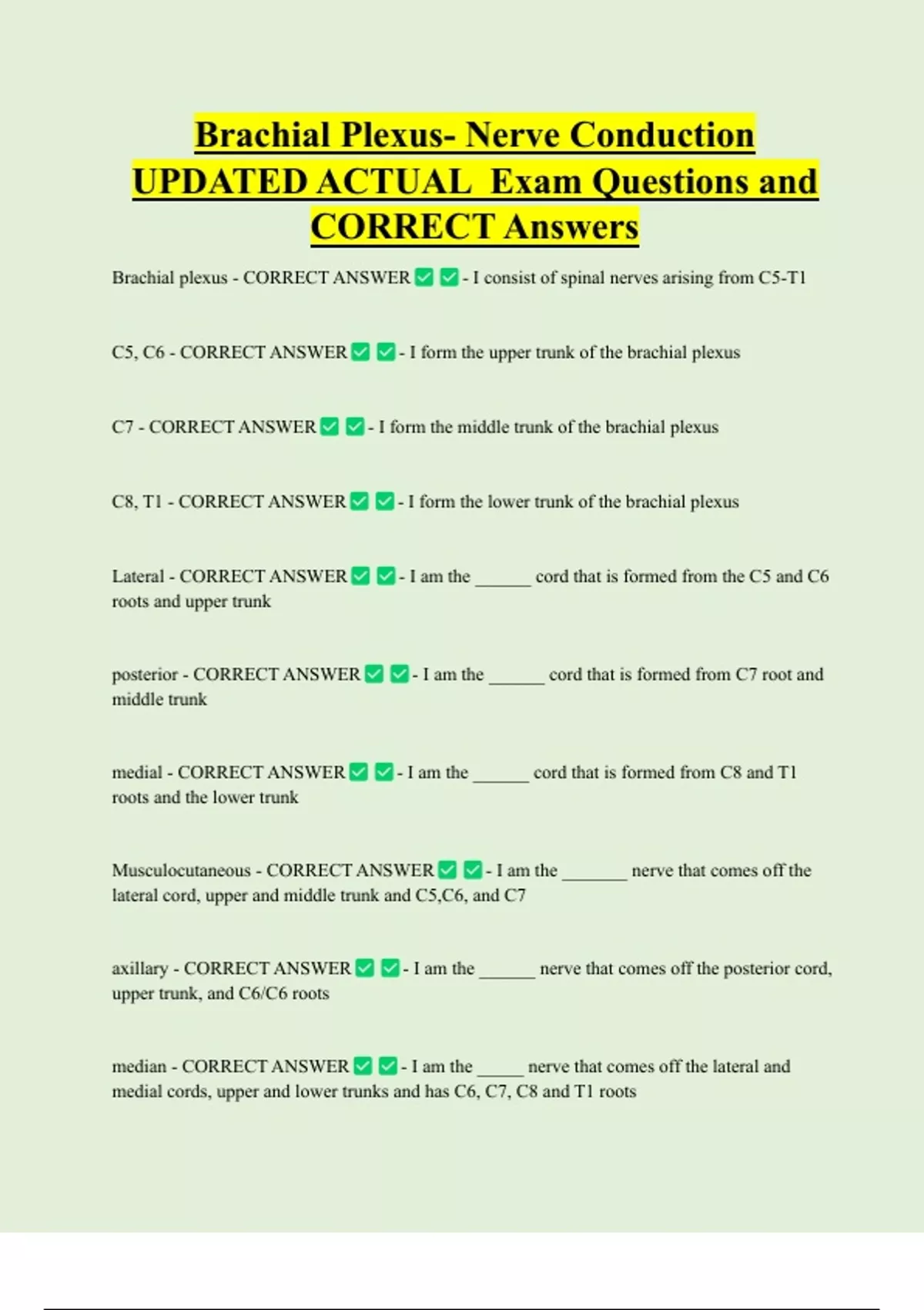 Brachial Plexus- Nerve Conduction UPDATED ACTUAL Exam Questions and ...
