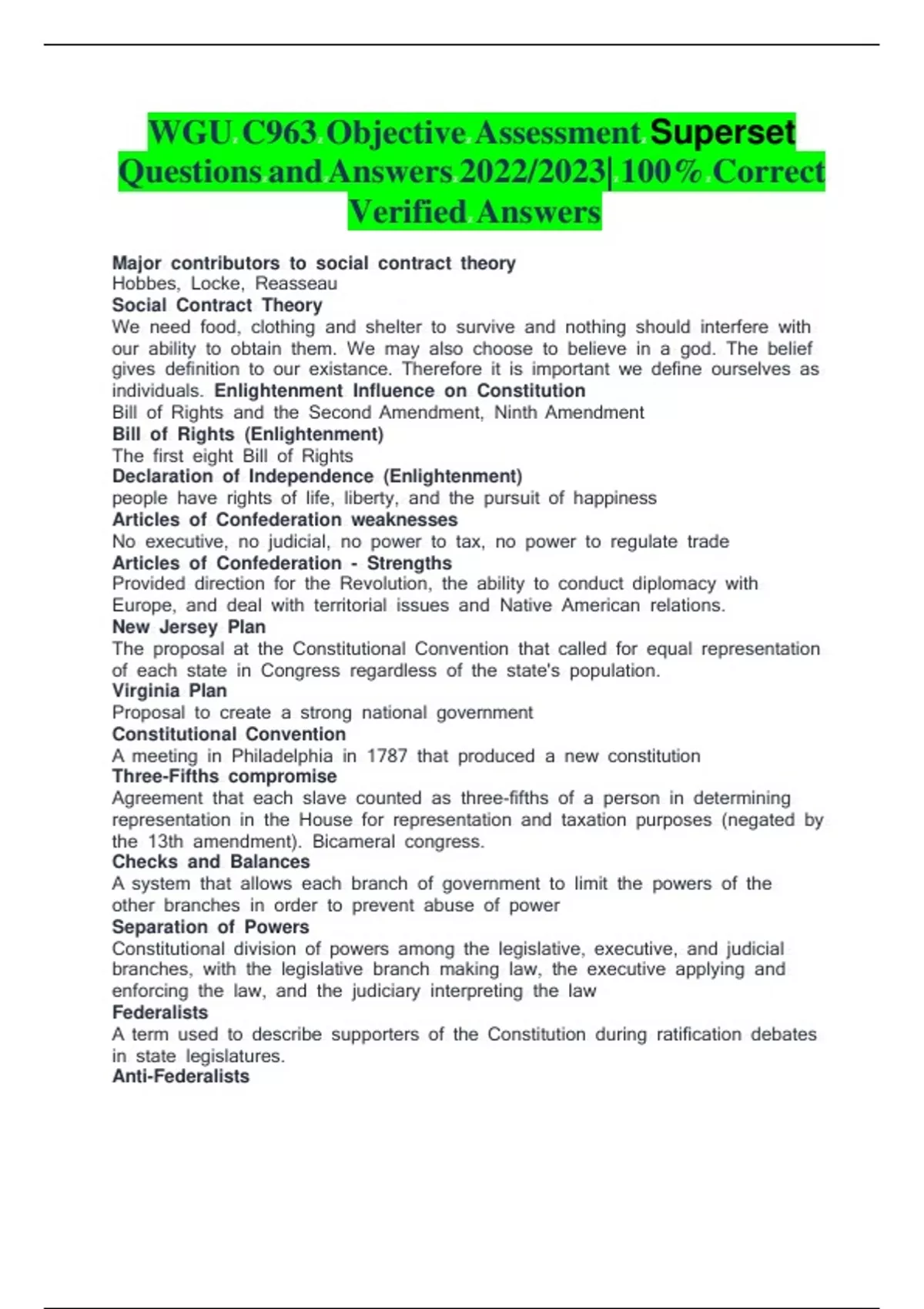 WGU C963 Objective Assessment Superset Questions and Answers % Correct ...