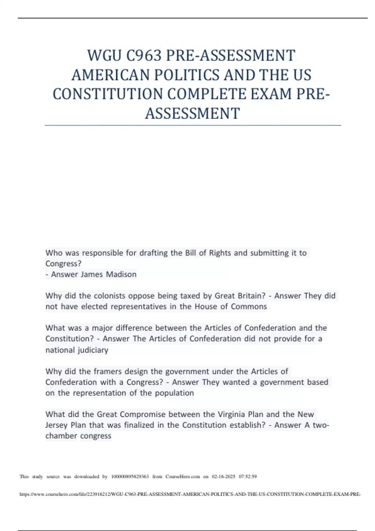 WGU C963 PRE-ASSESSMENT AMERICAN POLITICS AND THE US CONSTITUTION ...