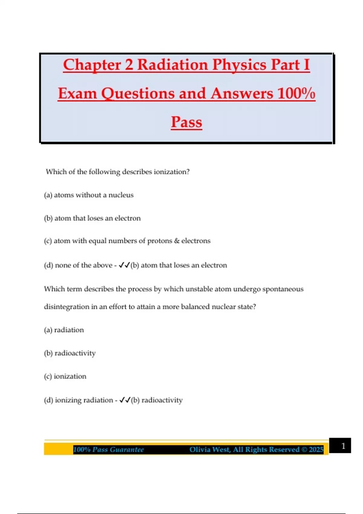 Chapter 2 Radiation Physics Part I Exam Questions and Answers 100% Pass ...