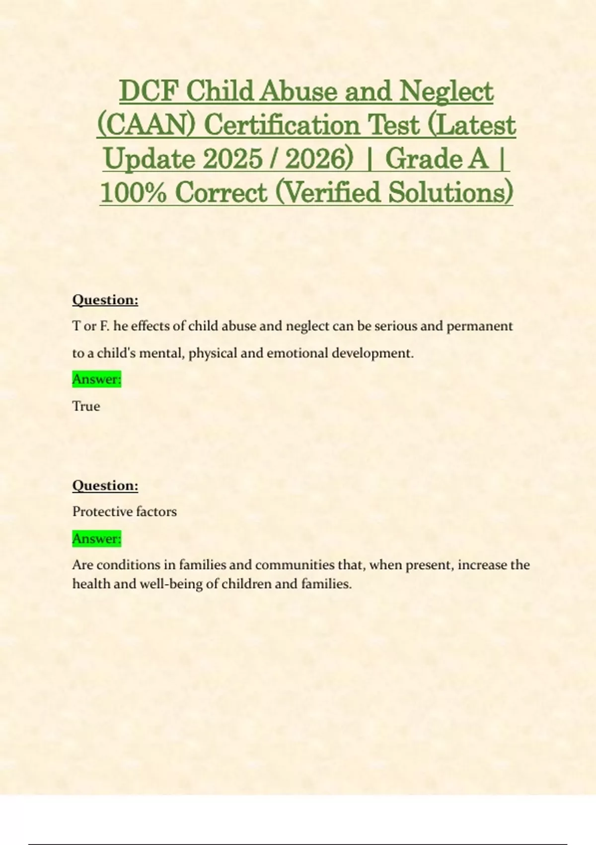 DCF Child Abuse and Neglect (CAAN) Certification Test (Latest Update ...