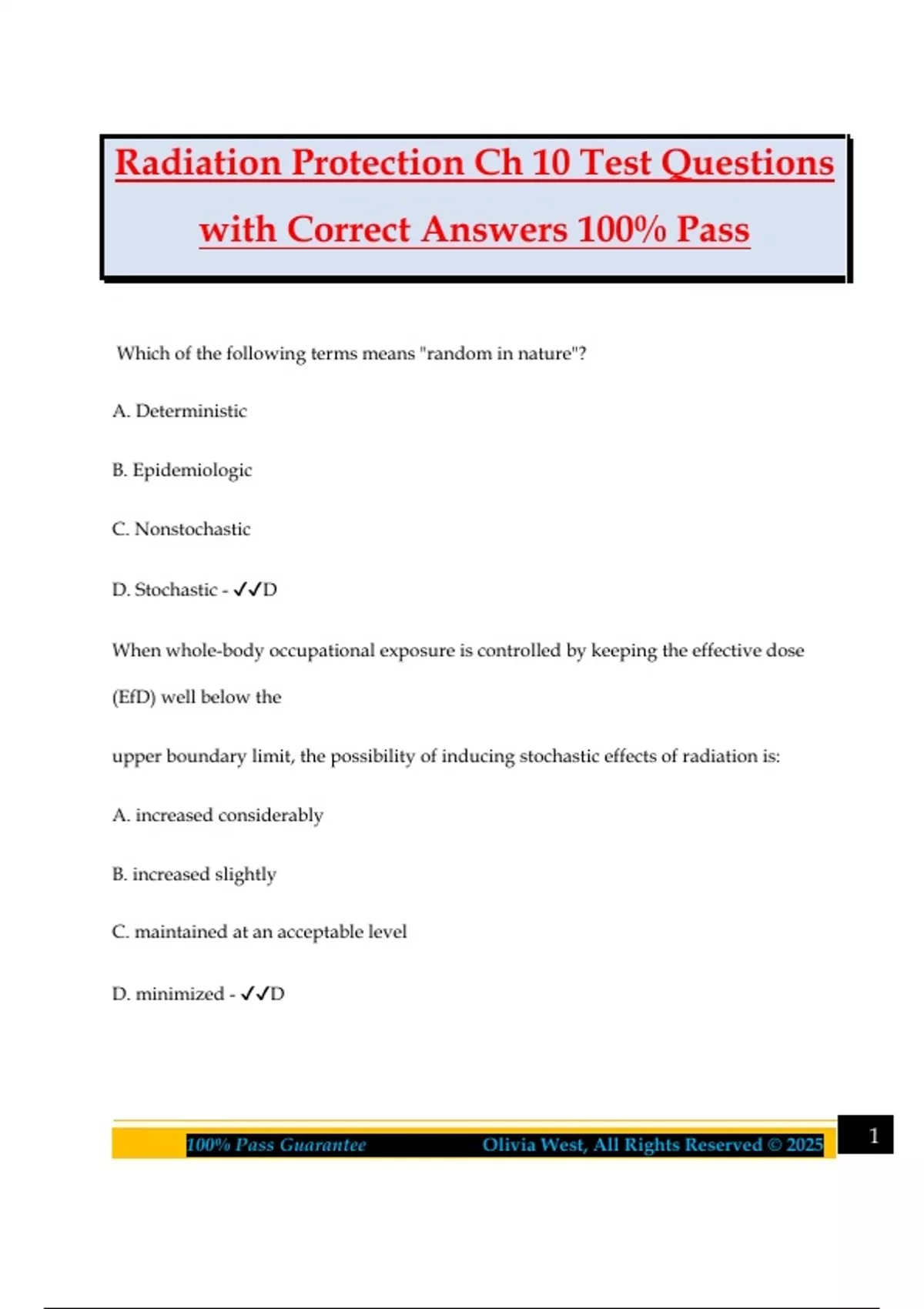 Radiation Protection Ch 10 Test Questions with Correct Answers 100% ...