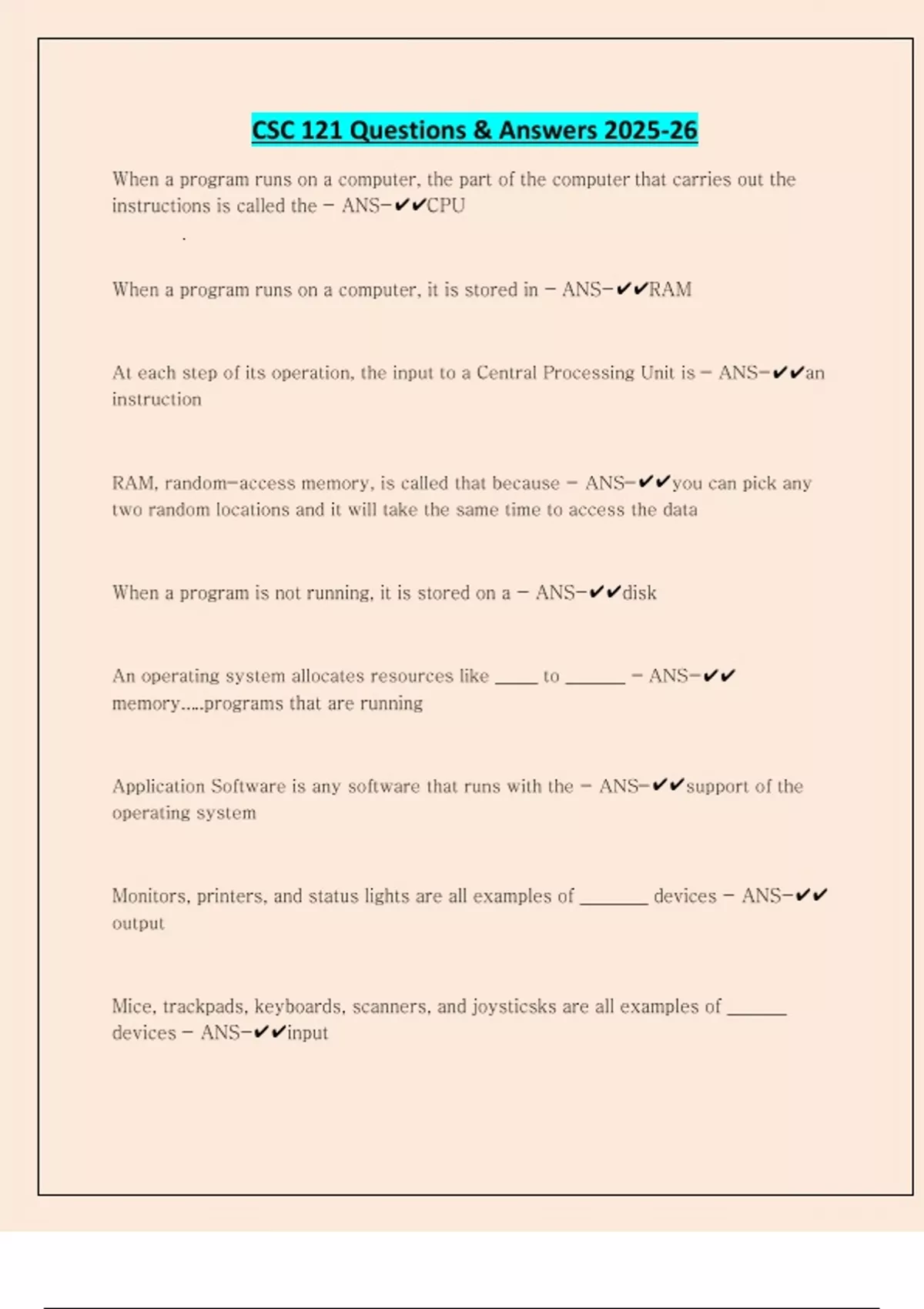 CSC 121 Questions & Answers 2025-26 - CSC 121 - Stuvia US