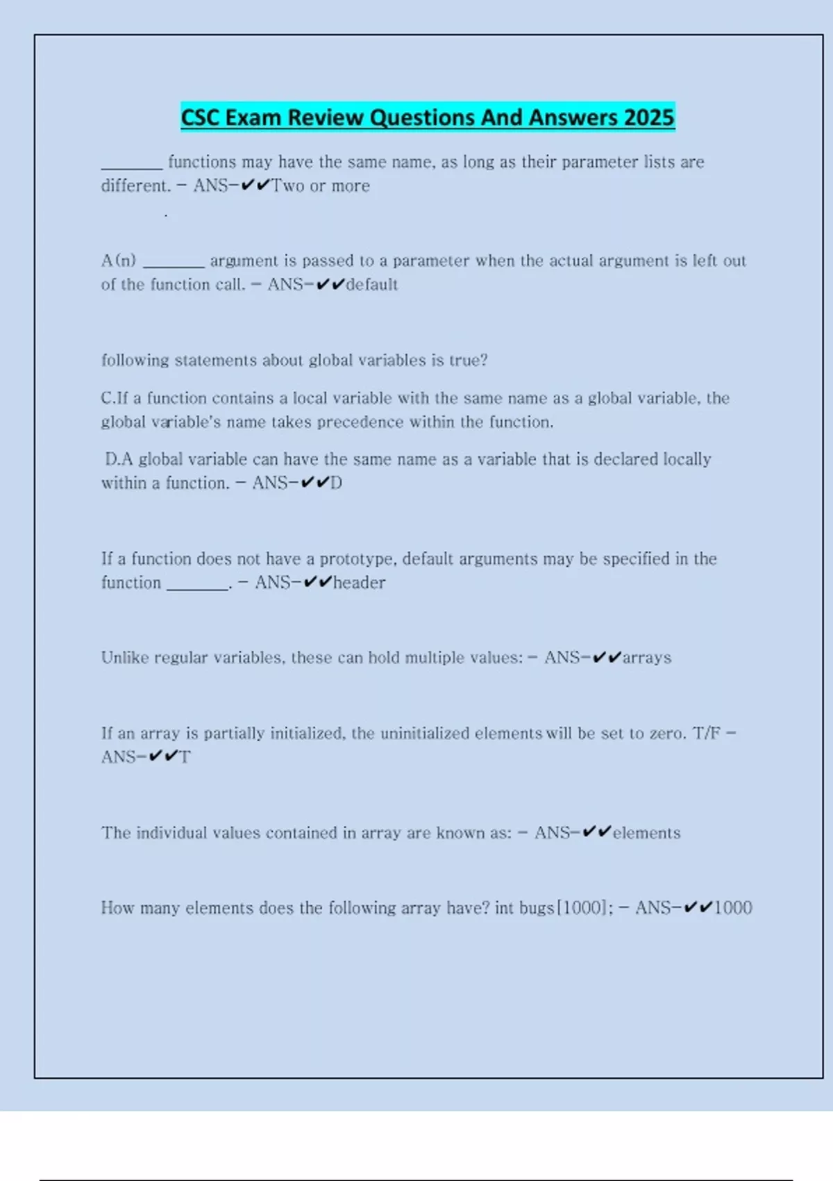 Csc Exam Review Questions And Answers 2025 Csc Cyber Secure Coder Stuvia Us