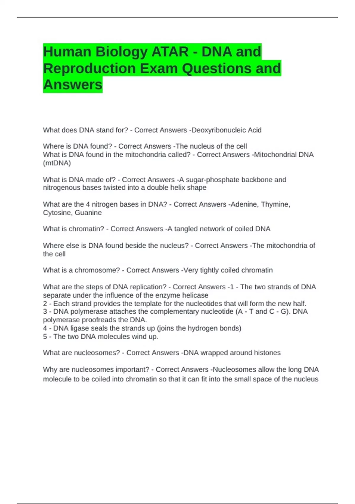 Human Biology ATAR - DNA and Reproduction Exam Questions and Answers ...