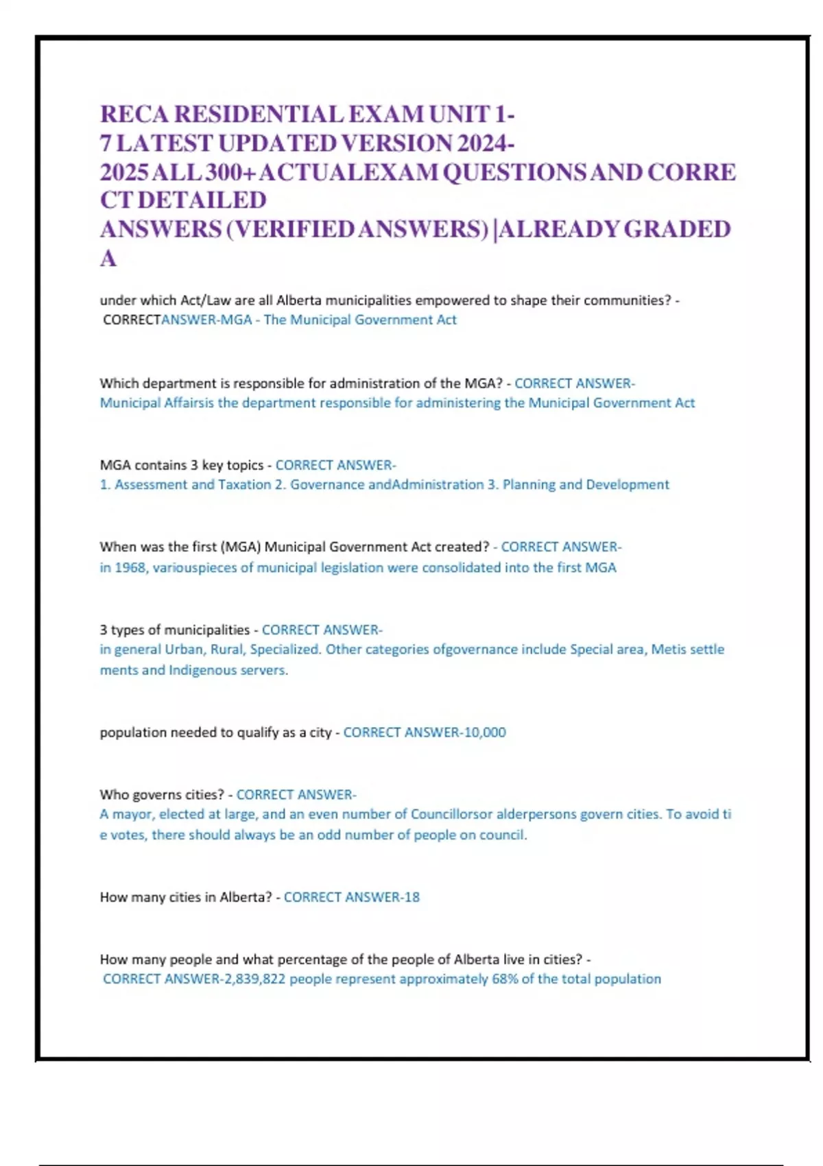 RECA RESIDENTIAL EXAM UNIT 1-7 LATEST UPDATED VERSION ALL 300+ ACTUAL ...