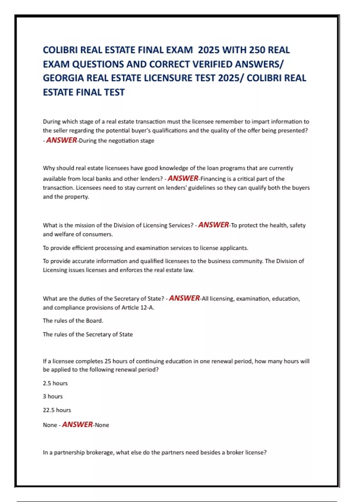 COLIBRI REAL ESTATE FINAL EXAM 2025 WITH 250 REAL EXAM QUESTIONS AND ...