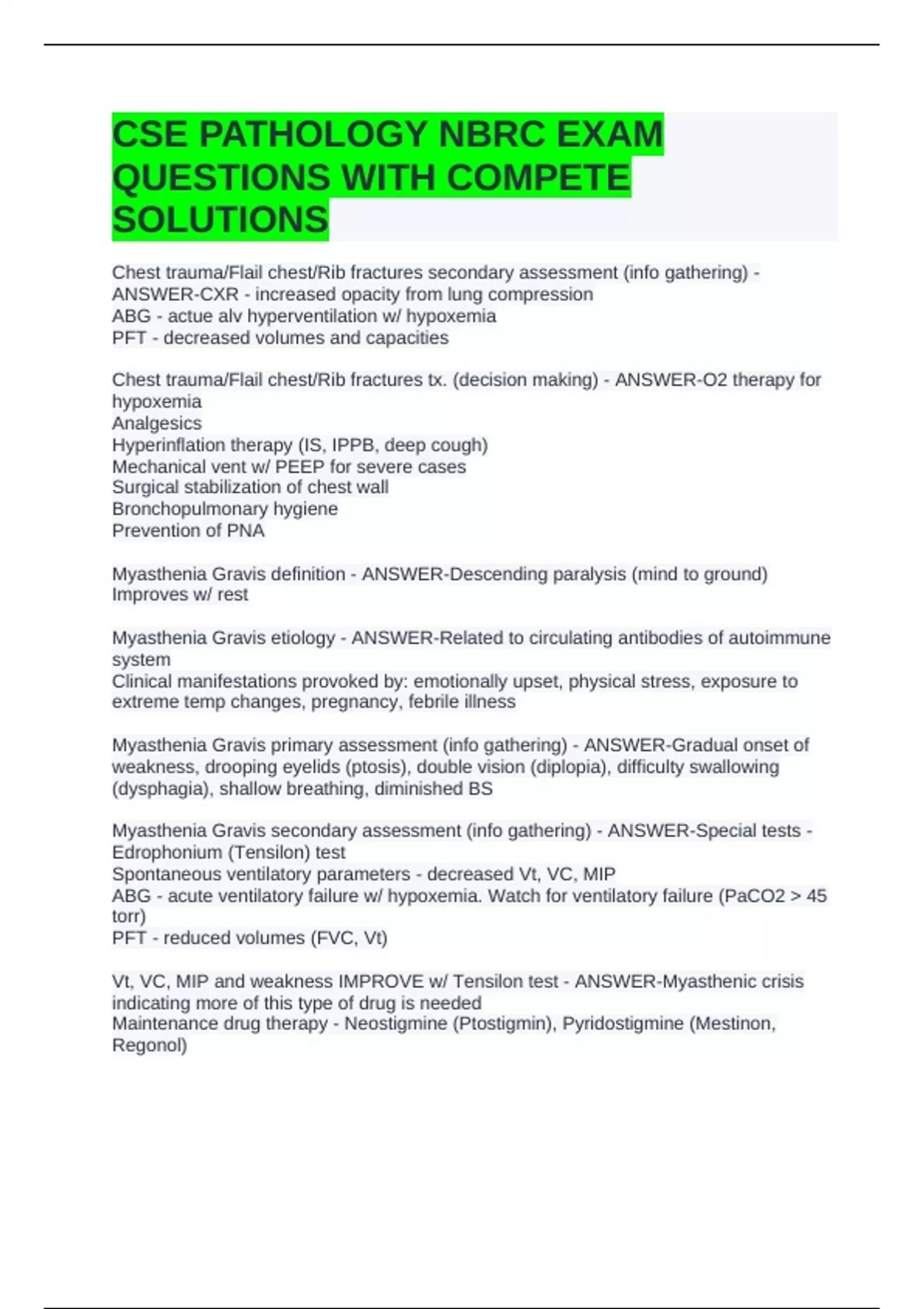 CSE PATHOLOGY NBRC EXAM QUESTIONS WITH COMPETE SOLUTIONS - CSE - Stuvia US