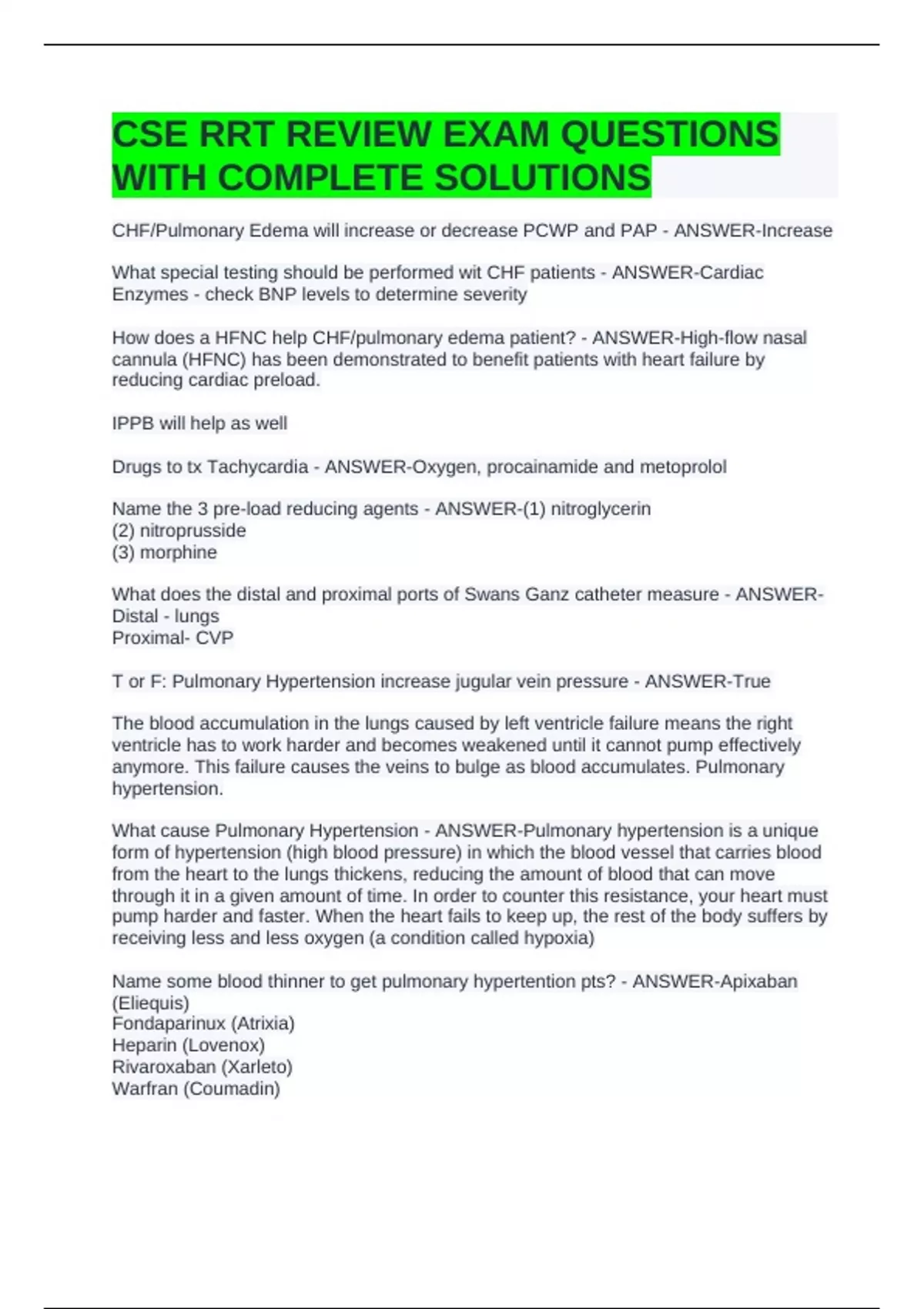 CSE RRT REVIEW EXAM QUESTIONS WITH COMPLETE SOLUTIONS - CSE - Stuvia US