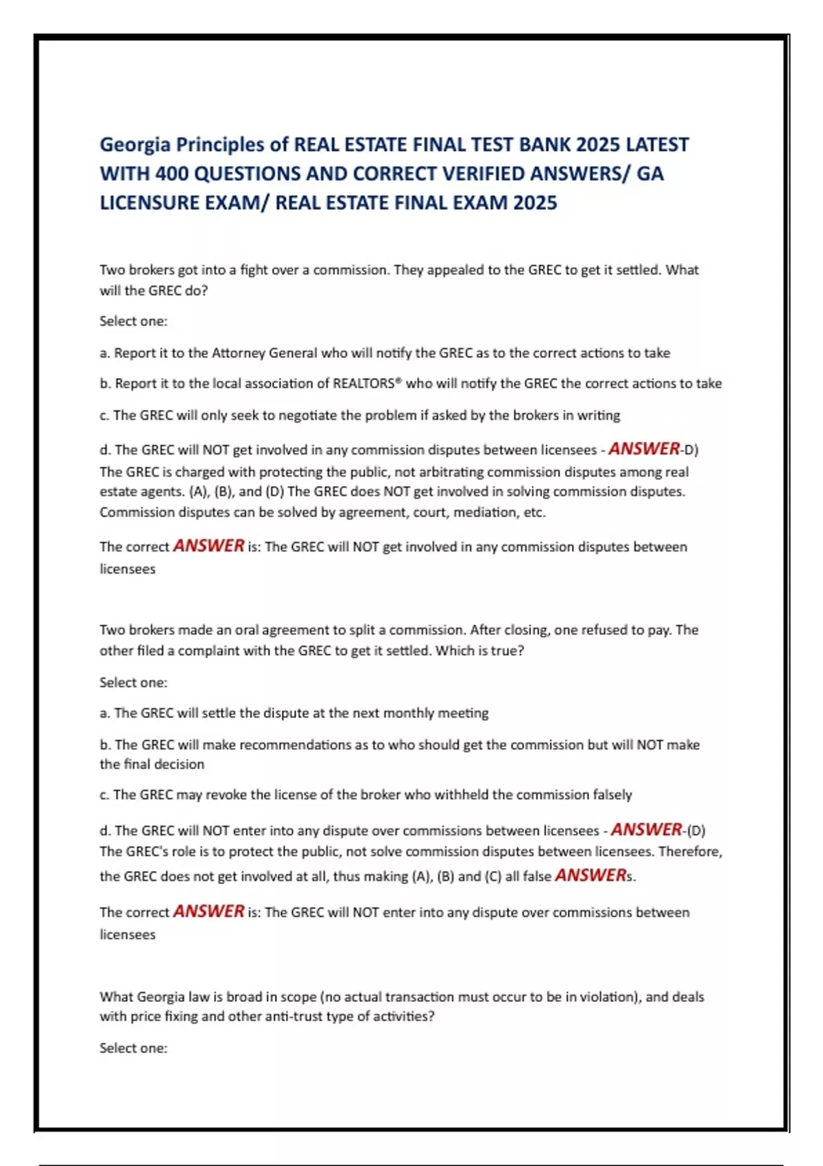 Georgia Principles of REAL ESTATE FINAL TEST BANK 2025 LATEST WITH 400 ...