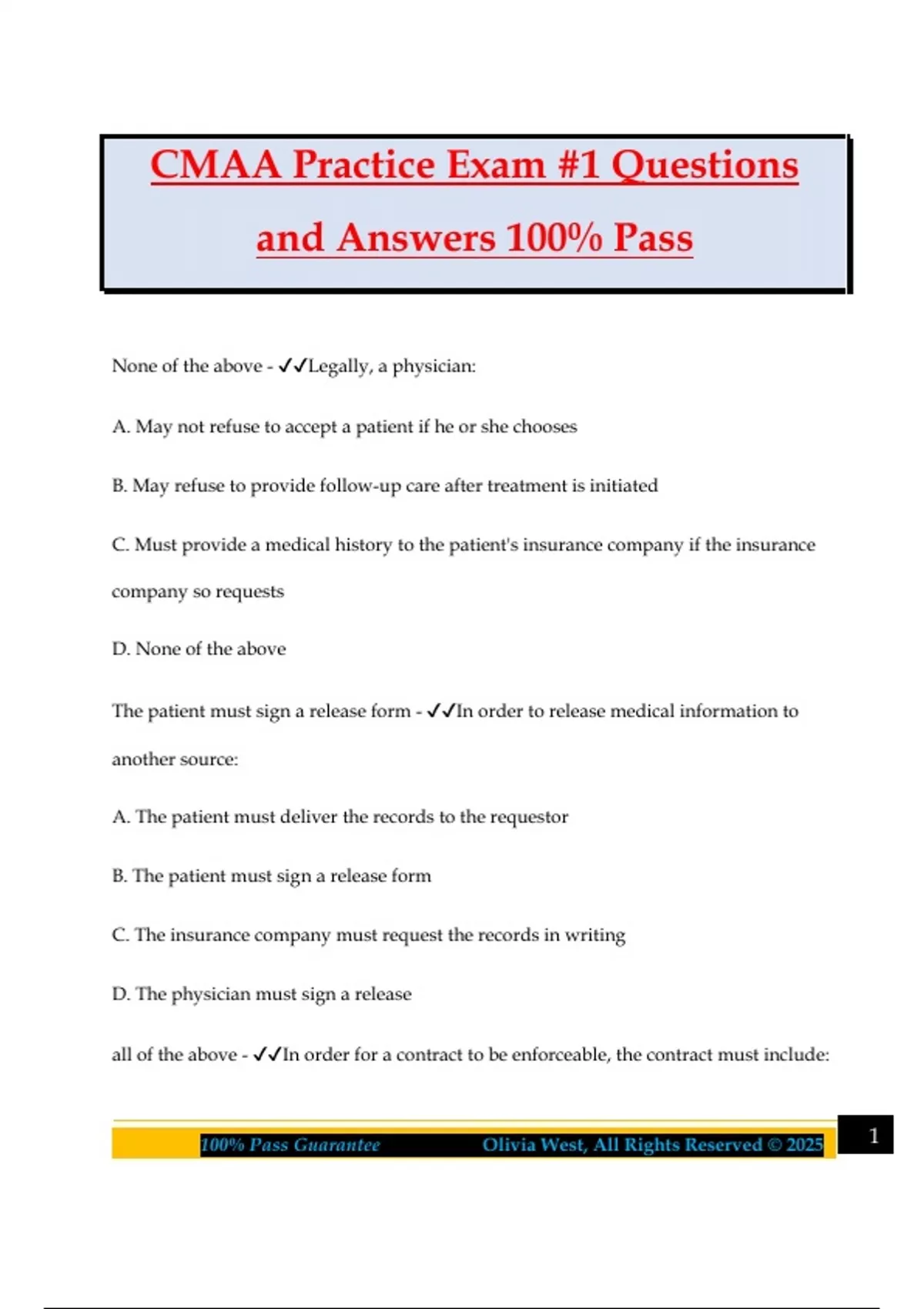 CMAA Practice Exam #1 Questions and Answers 100% Pass - Cmaa - Stuvia US