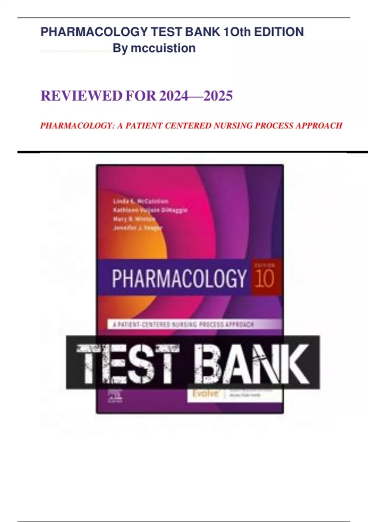 TEST BANK FOR PHARMACOLOGY: A PATIENT CENTERED NURSING PROCESS APPROACH ...