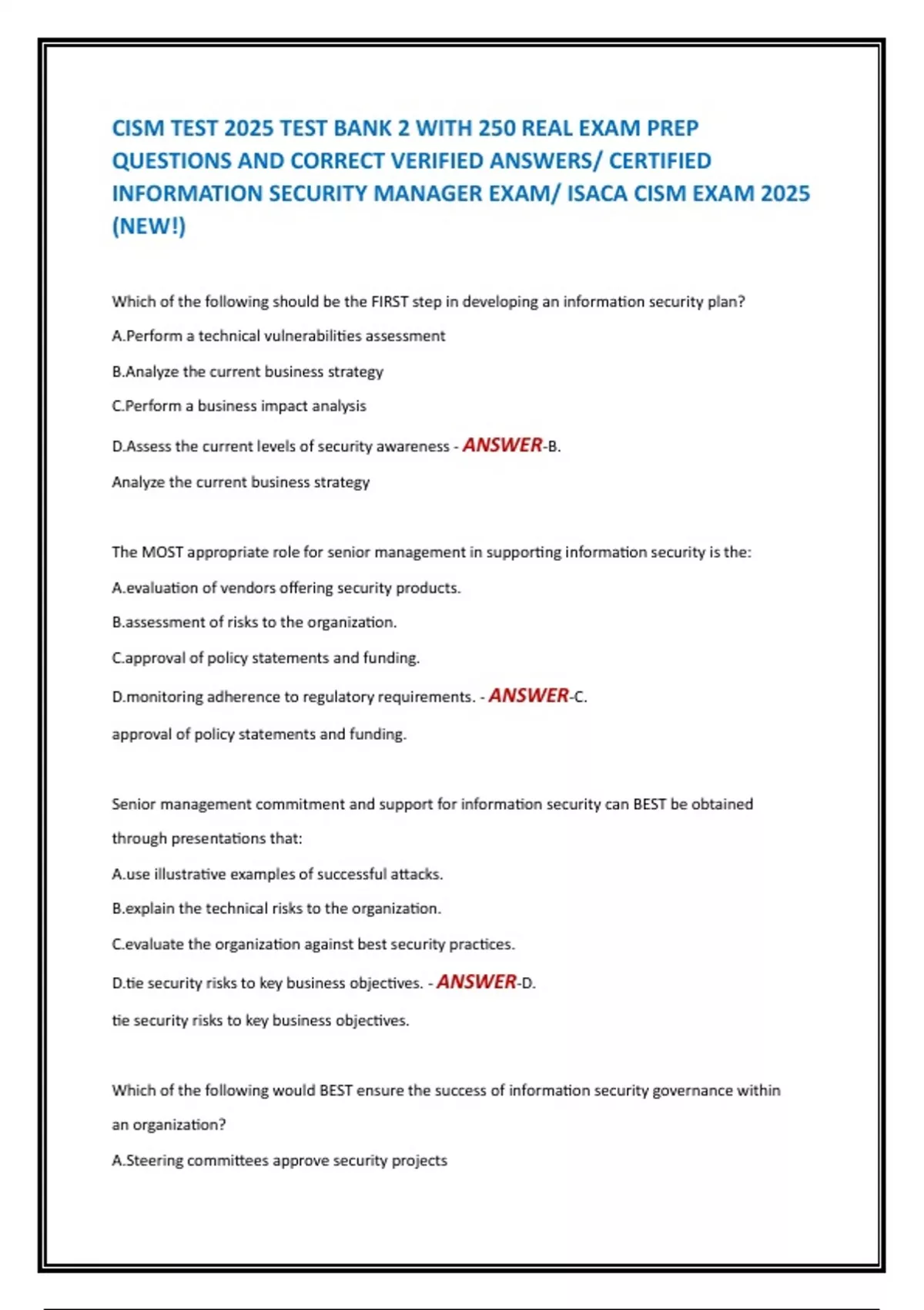 CISM TEST 2025 TEST BANK 2 WITH 250 REAL EXAM PREP QUESTIONS AND ...