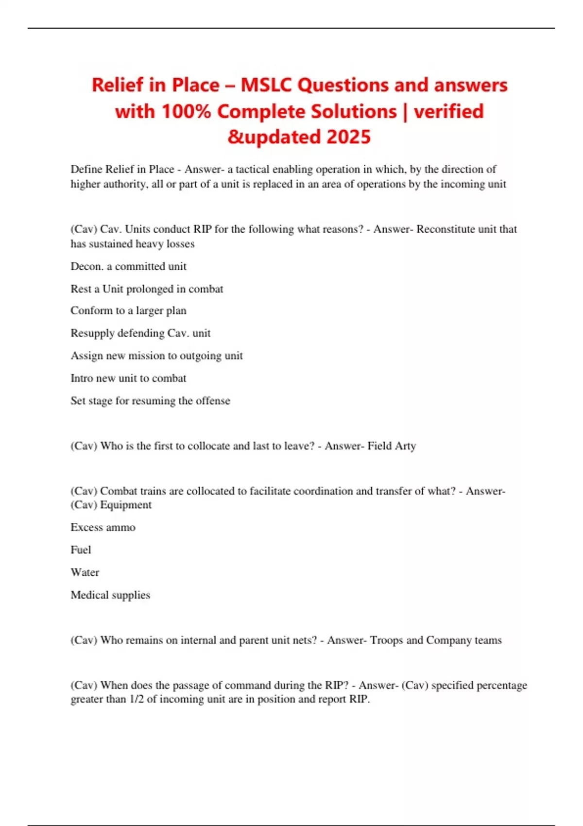 Relief in Place – MSLC Questions and answers with 100% Complete ...