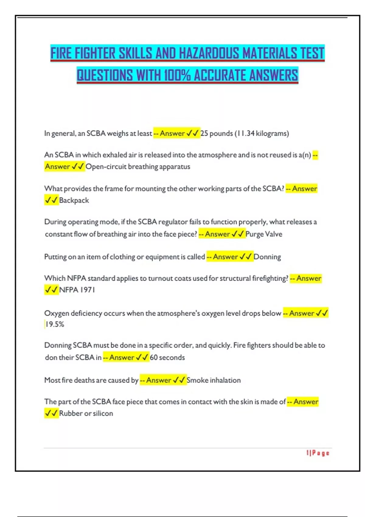 FIRE FIGHTER SKILLS AND HAZARDOUS MATERIALS TEST QUESTIONS WITH 100% ...