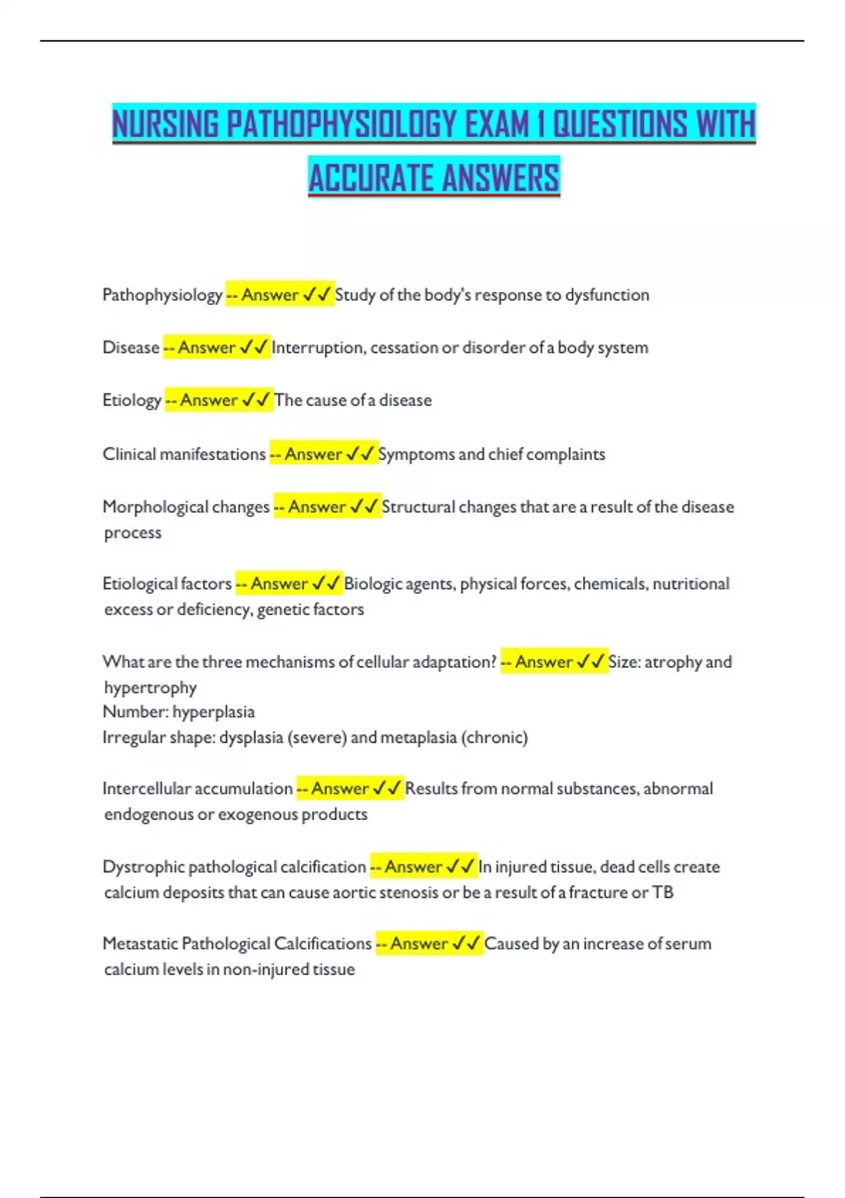 NURSING PATHOPHYSIOLOGY EXAM 1 QUESTIONS WITH ACCURATE ANSWERS ...