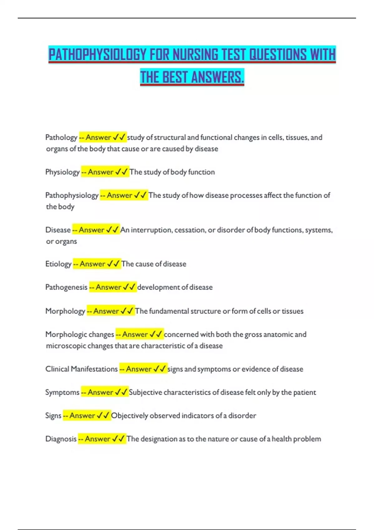 PATHOPHYSIOLOGY FOR NURSING TEST QUESTIONS WITH THE BEST ANSWERS ...