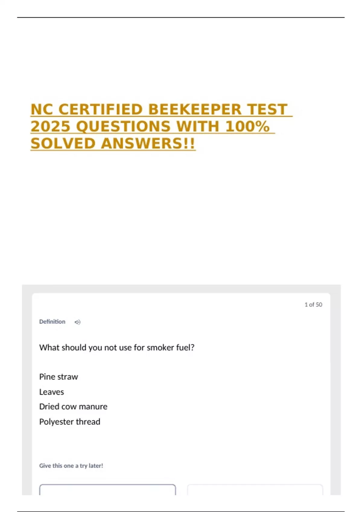 NC CERTIFIED BEEKEEPER TEST 2025 QUESTIONS WITH 100% SOLVED ANSWERS ...