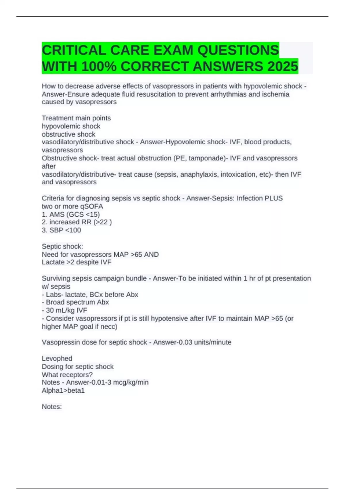 CRITICAL CARE EXAM QUESTIONS WITH 100% CORRECT ANSWERS 2025 - Critical ...