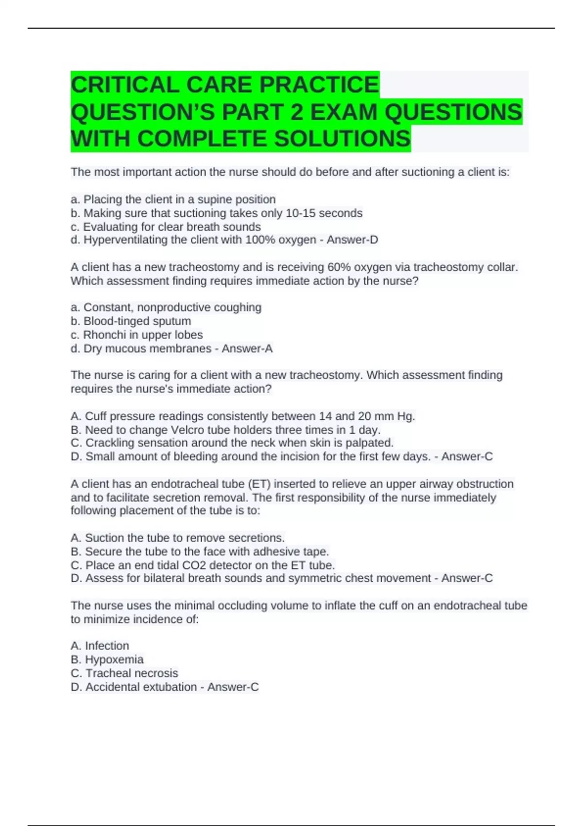 CRITICAL CARE PRACTICE QUESTION’S PART 2 EXAM QUESTIONS WITH COMPLETE ...