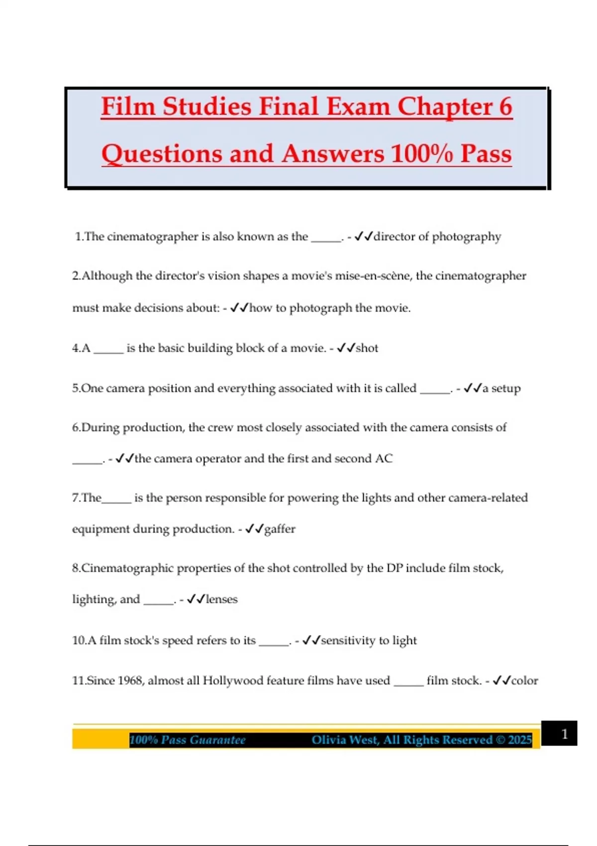 Film Studies Final Exam Chapter 6 Questions and Answers 100% Pass ...