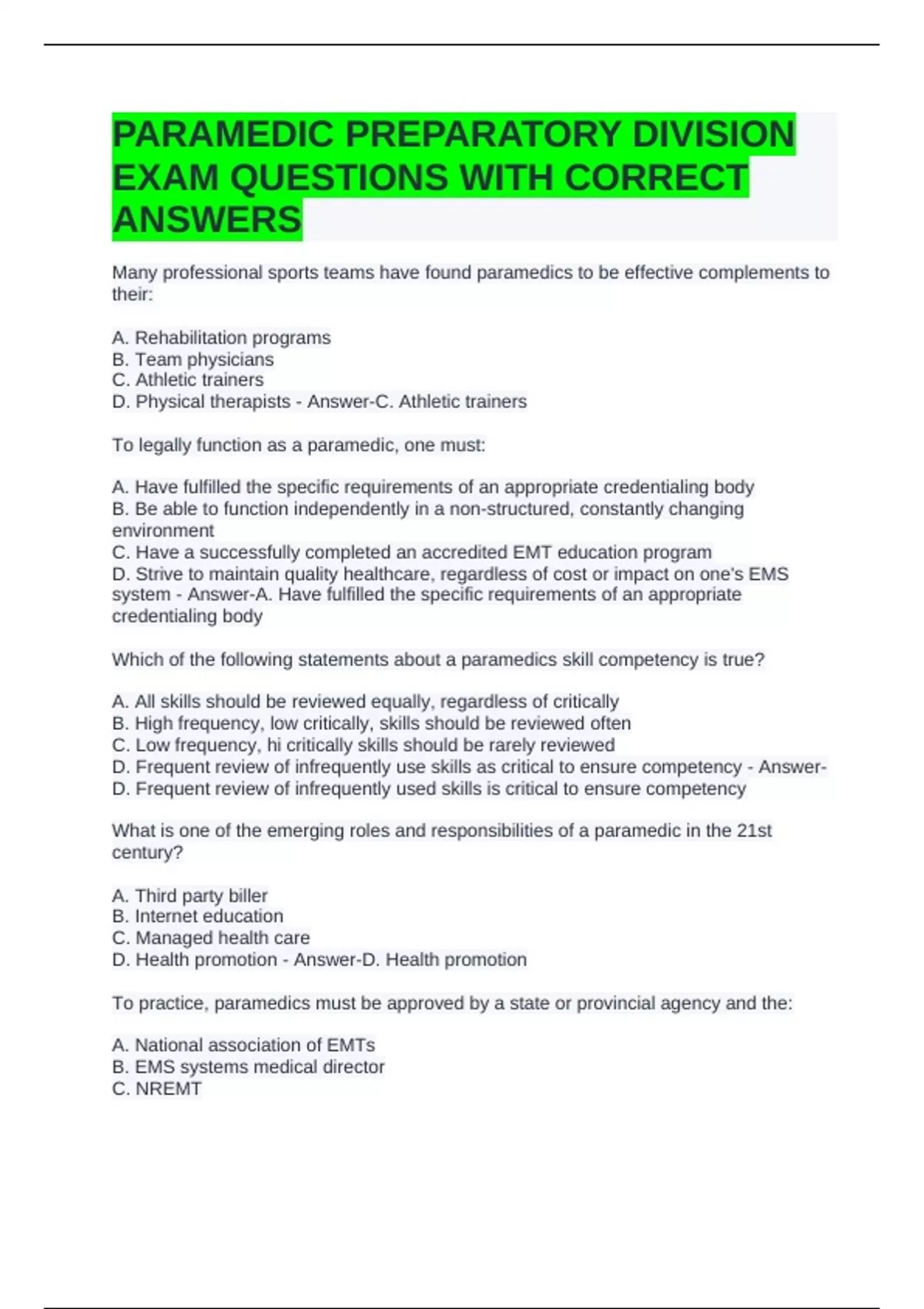 PARAMEDIC PREPARATORY DIVISION EXAM QUESTIONS WITH CORRECT ANSWERS ...