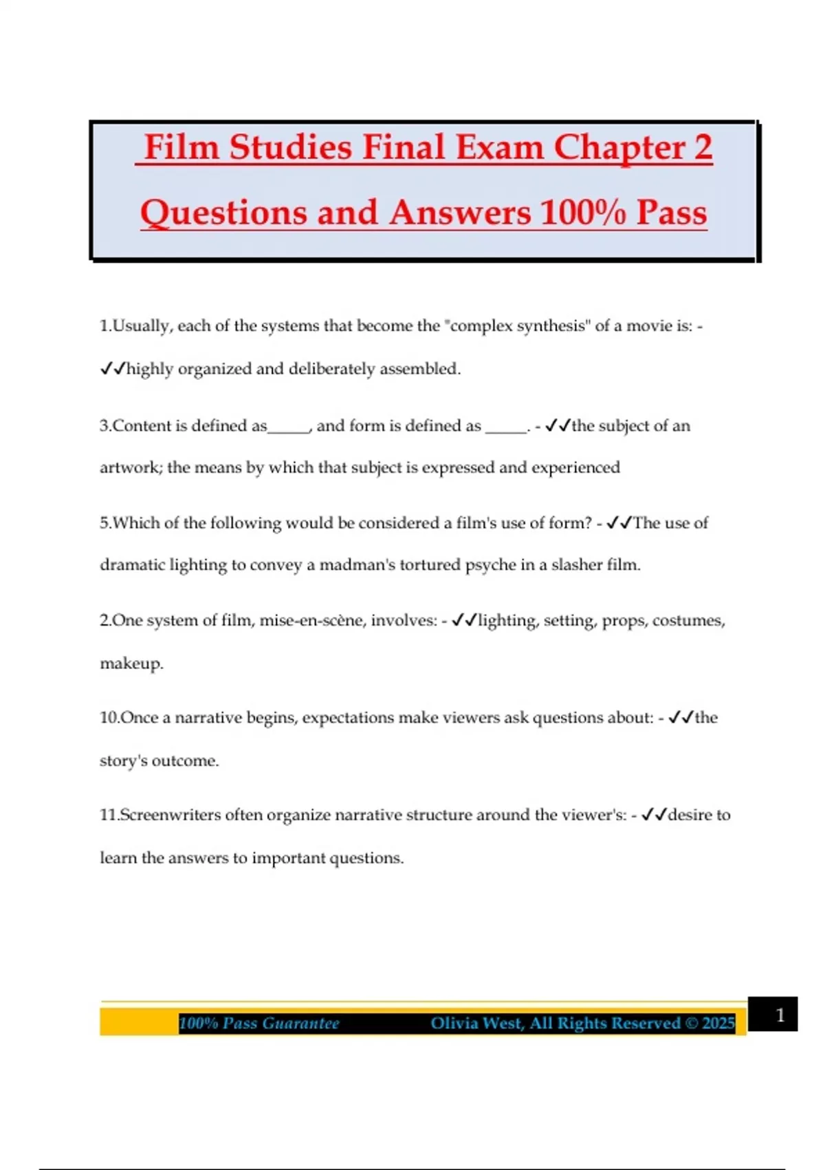 Film Studies Final Exam Chapter 2 Questions and Answers 100% Pass ...