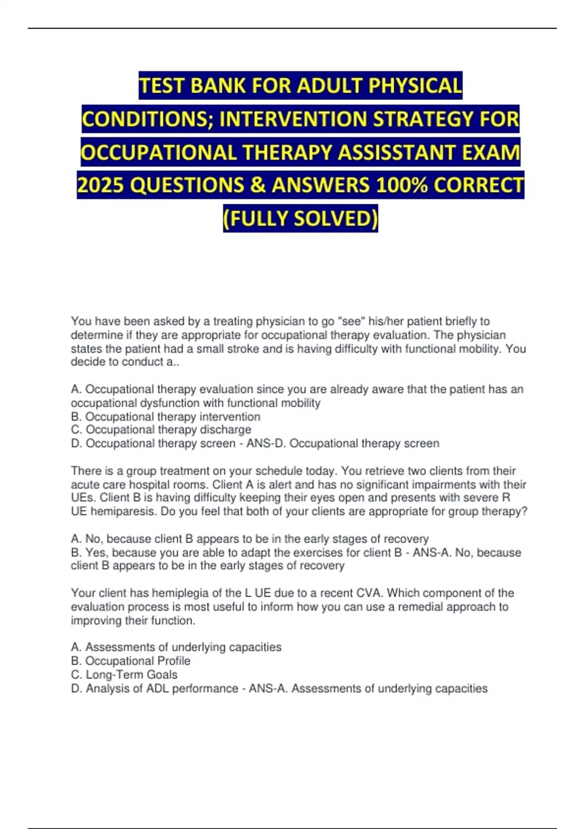 TEST BANK FOR ADULT PHYSICAL CONDITIONS; INTERVENTION STRATEGY FOR ...