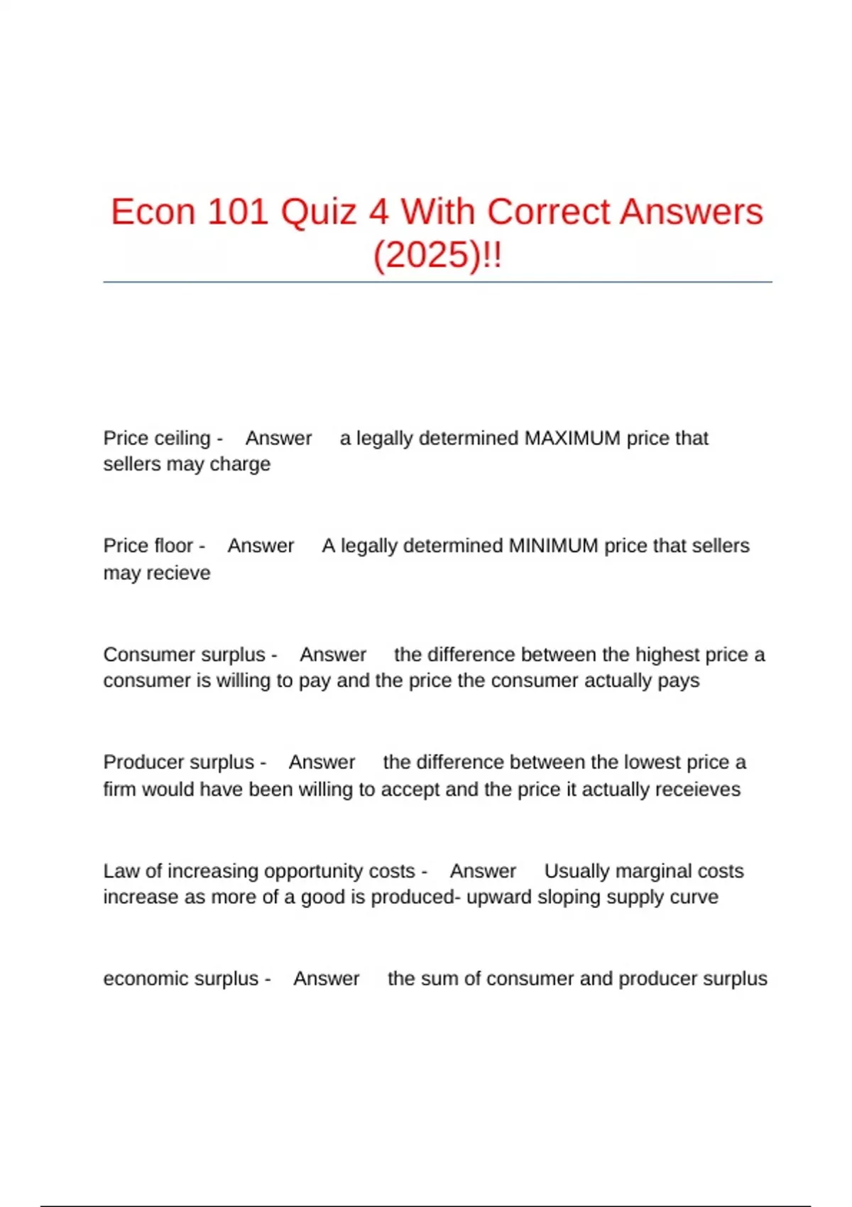 Econ 101 Quiz 4 With Correct Answers (2025)!! - Econ 101 - Stuvia US