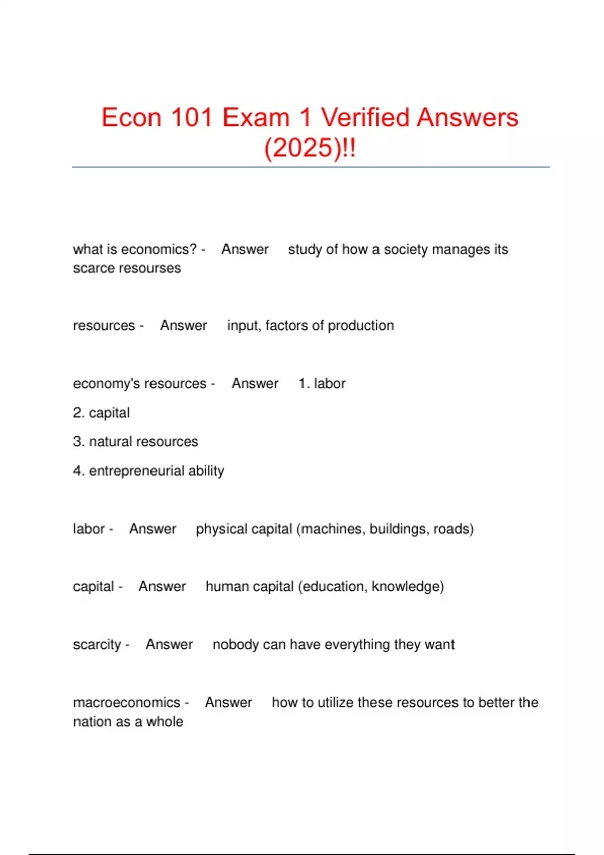Econ 101 Exam 1 Verified Answers (2025)!! - Econ 101 - Stuvia US