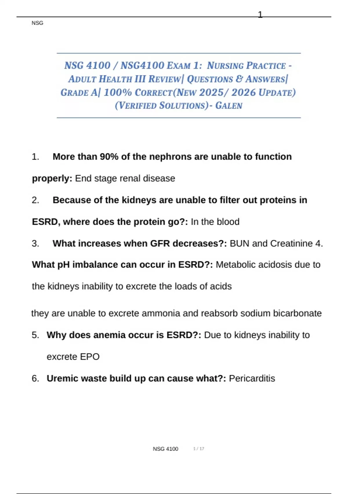 NSG 4100 / NSG4100 EXAM 1: NURSING PRACTICE - ADULT HEALTH III REVIEW ...
