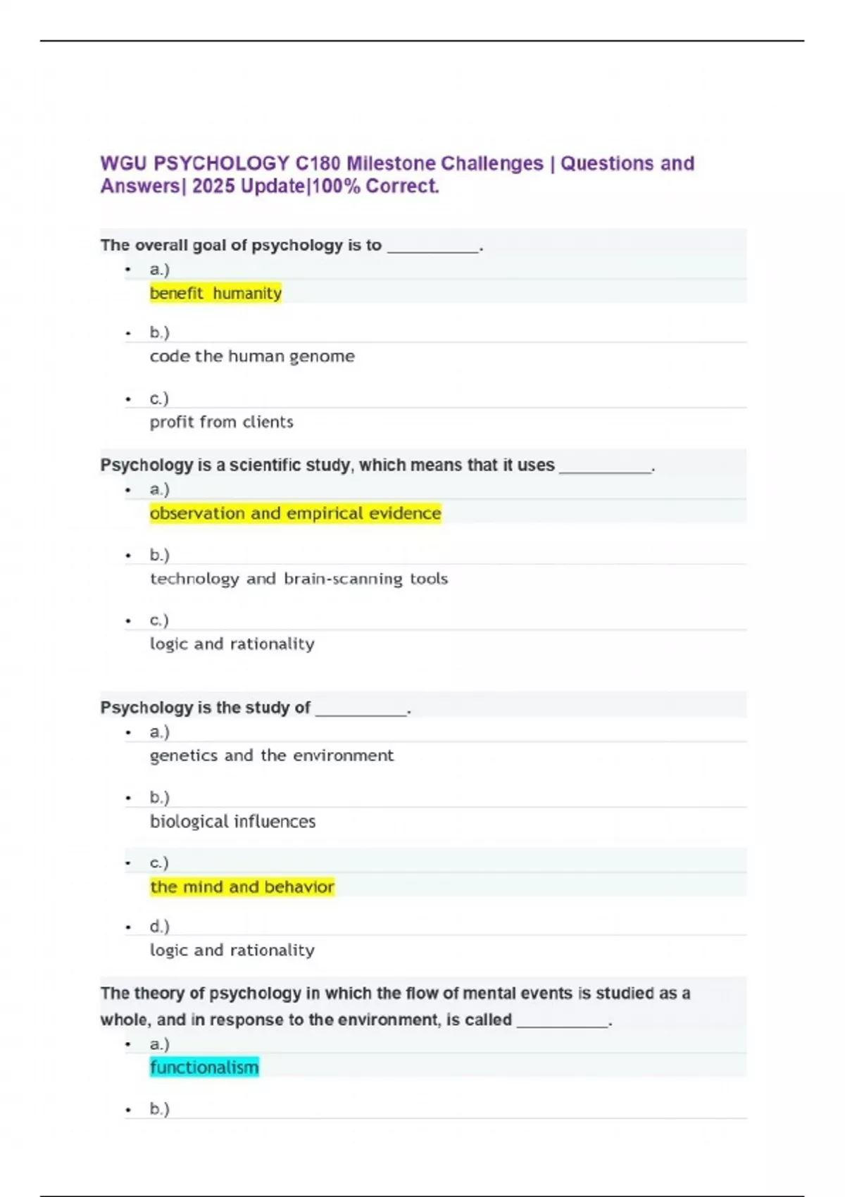 WGU PSYCHOLOGY C180 Milestone Challenges | Questions and Answers| 2025 ...