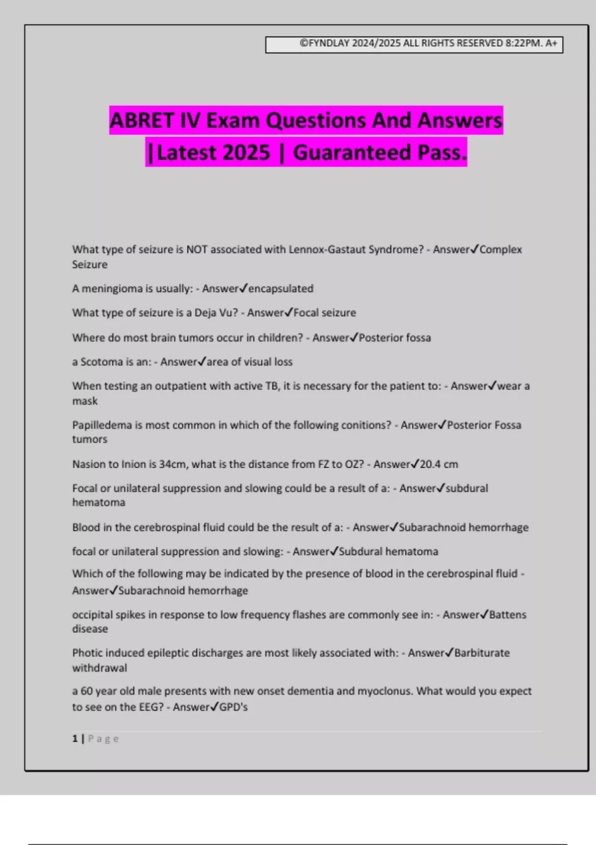 ABRET IV Exam Questions And Answers |Latest 2025 | Guaranteed Pass ...