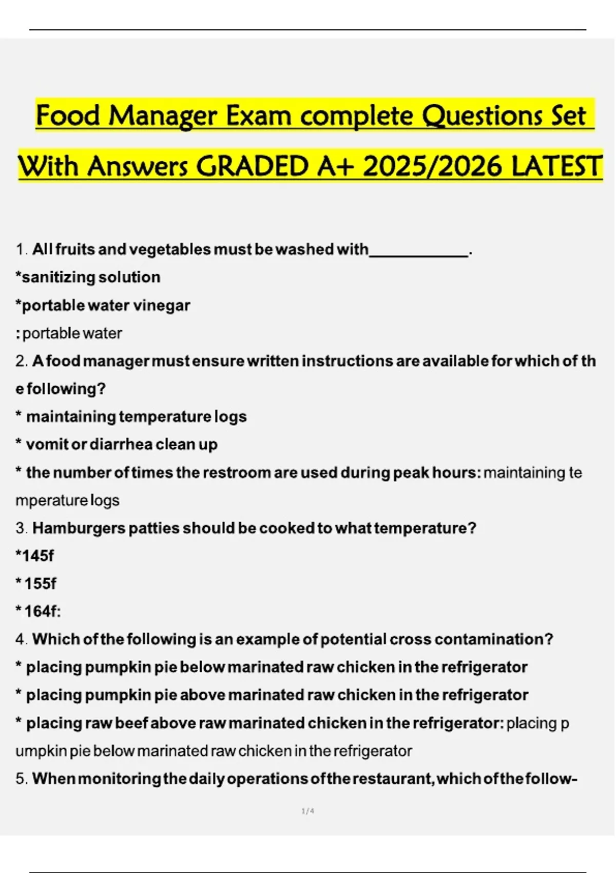Food Manager Exam complete Questions Set With Answers GRADED A+ 2025/ ...
