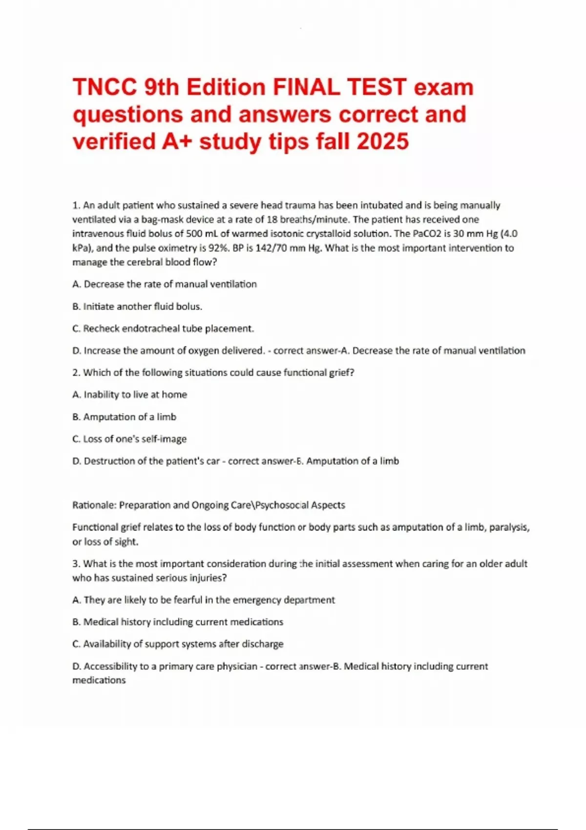 TNCC 9th Edition FINAL TEST exam questions and answers correct and ...