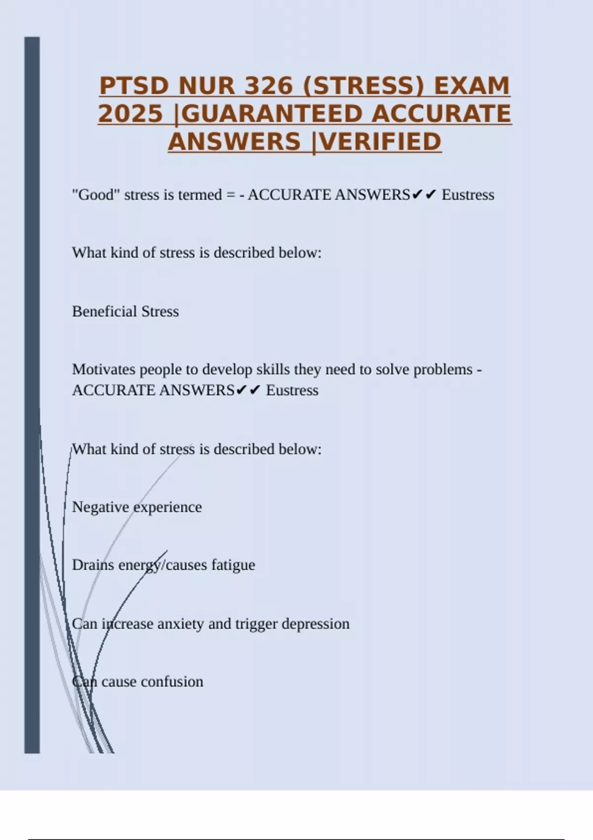 PTSD NUR 326 (STRESS) EXAM 2025 |GUARANTEED ACCURATE ANSWERS |VERIFIED ...
