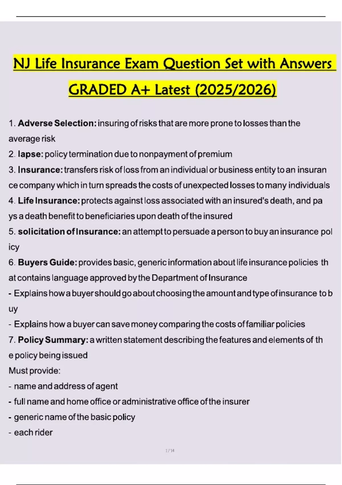 NJ Life Insurance Exam Question Set with Answers GRADED A+ Latest (2025 ...