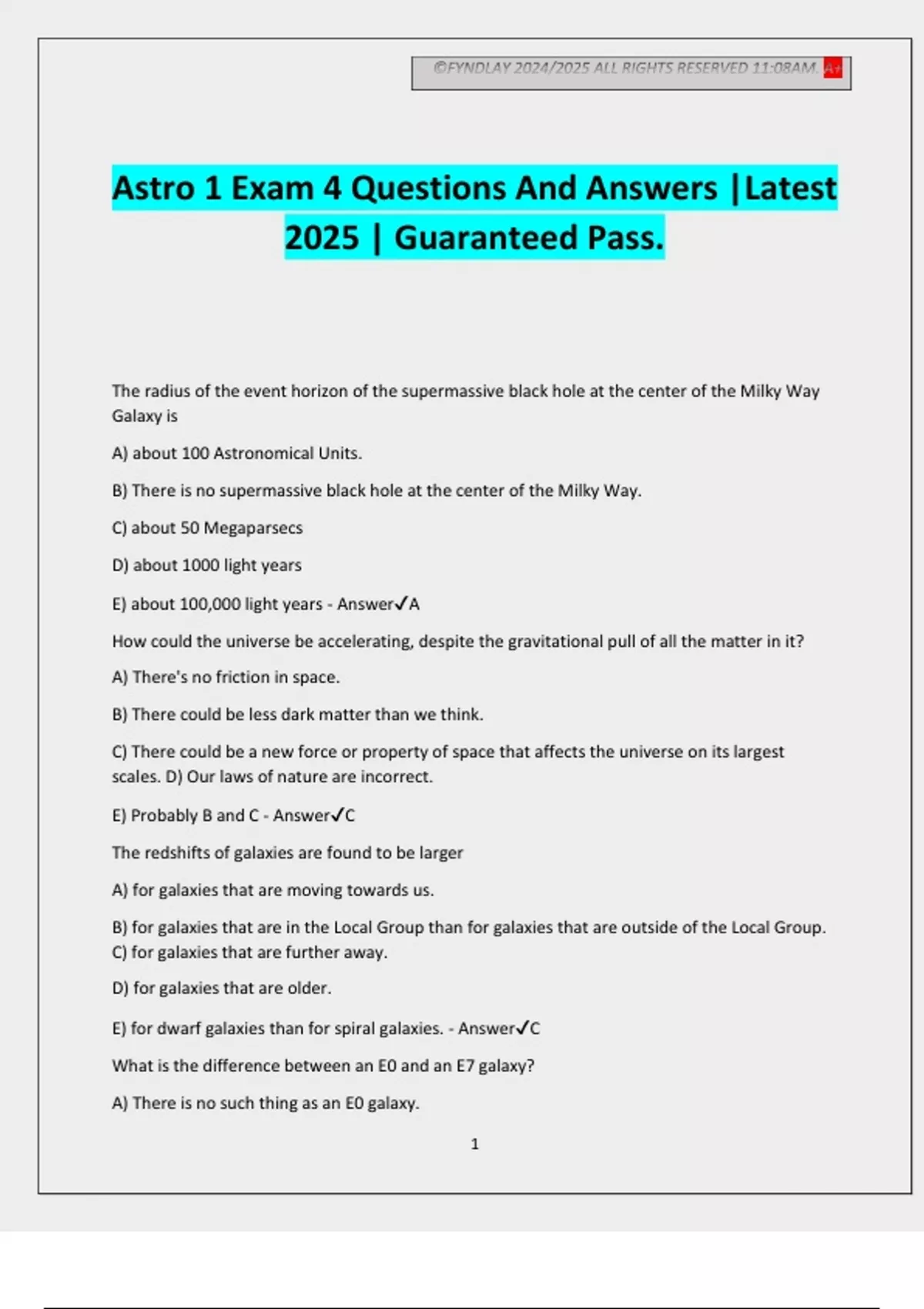 Astro 1 Exam 4 Questions And Answers |Latest 2025 | Guaranteed Pass ...