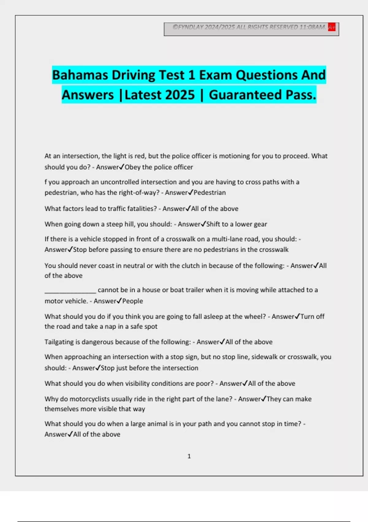 Bahamas Driving Test 1 Exam Questions And Answers |Latest 2025 ...