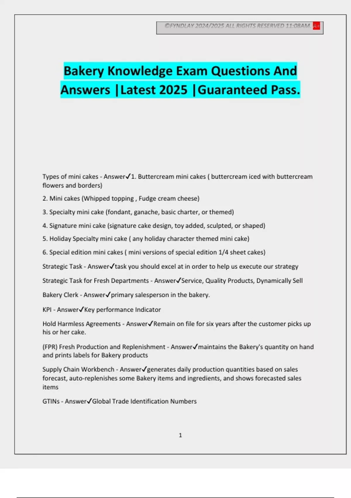 Bakery Knowledge Exam Questions And Answers |Latest 2025 |Guaranteed ...