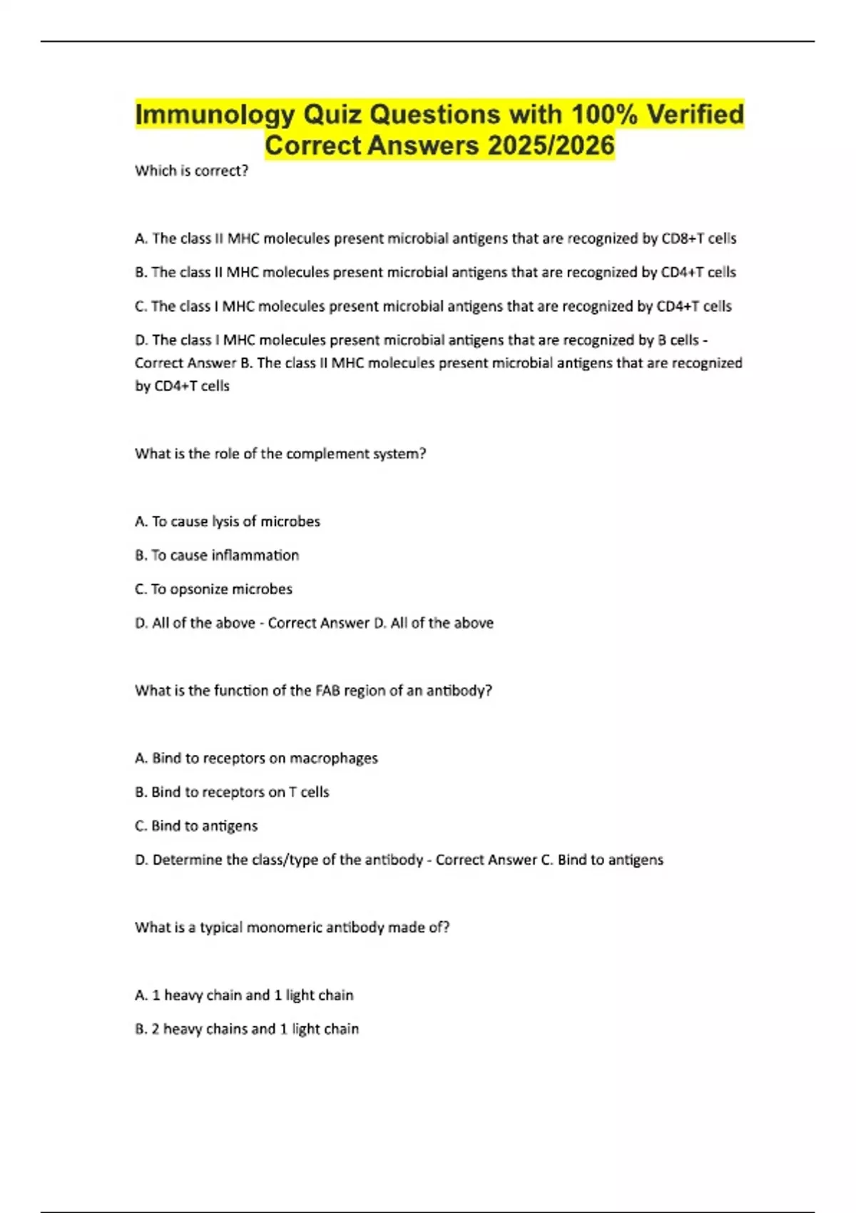 Immunology Quiz Questions with 100% Verified Correct Answers 2025/2026 ...