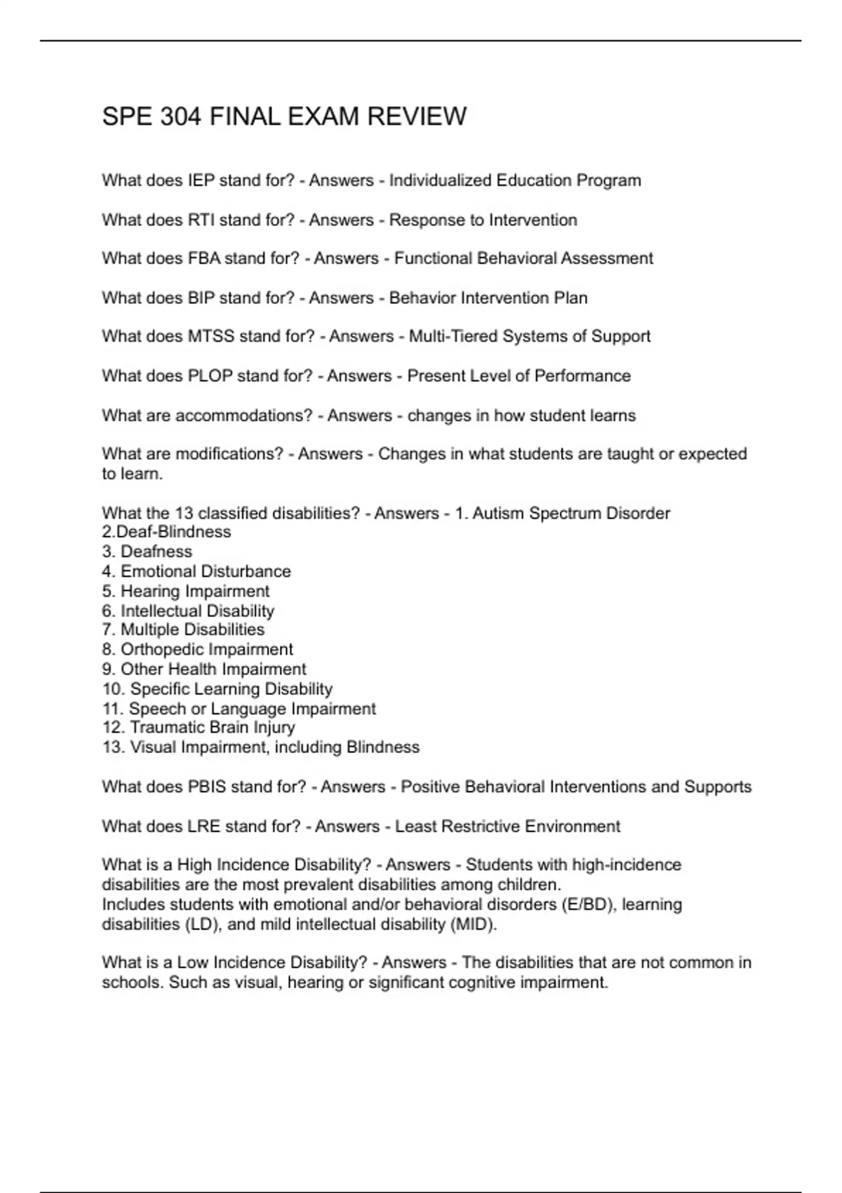 SPE 304 FINAL EXAM REVIEW - SPE 304 - Stuvia US