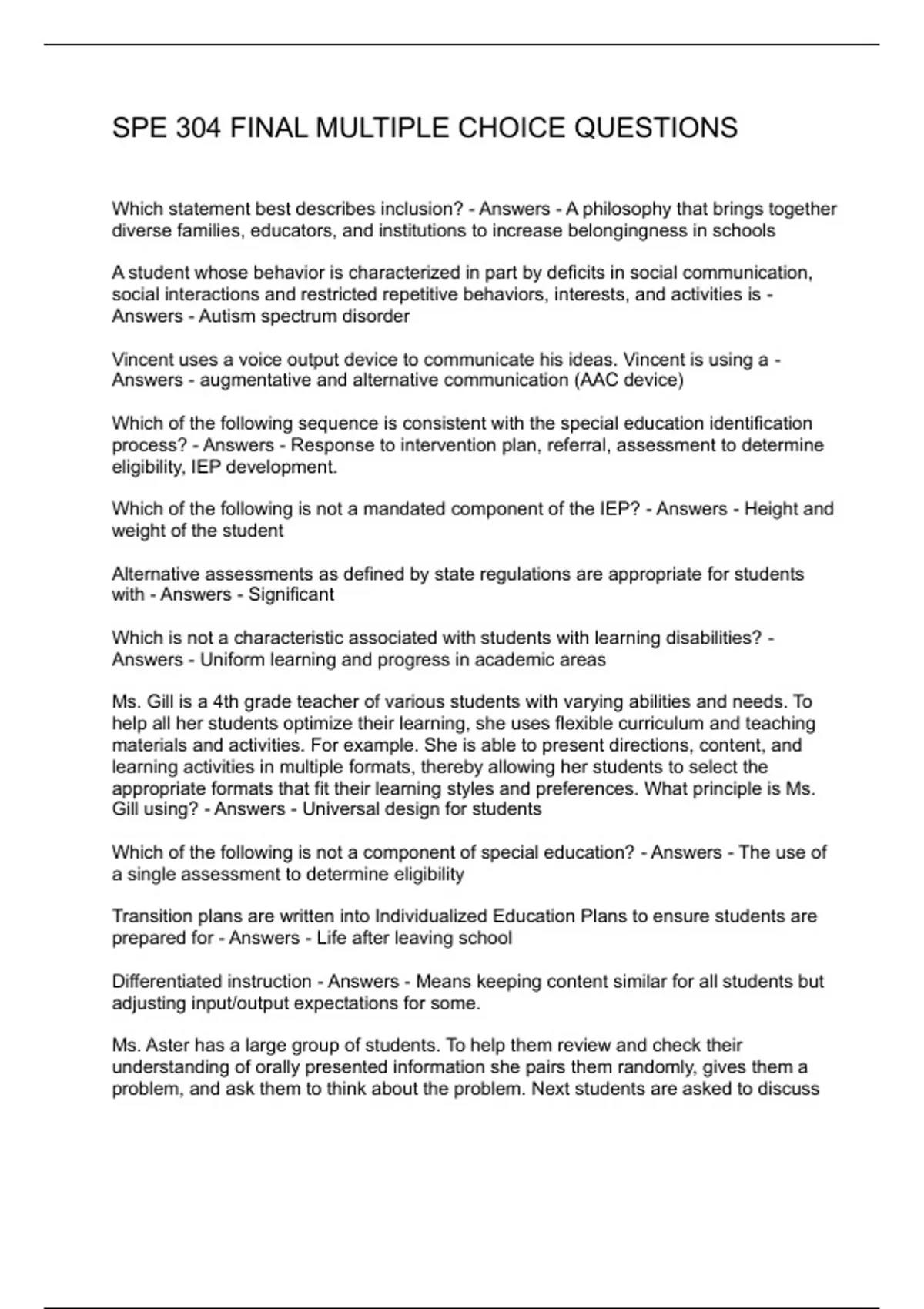 SPE 304 FINAL MULTIPLE CHOICE QUESTIONS - SPE 304 - Stuvia UK