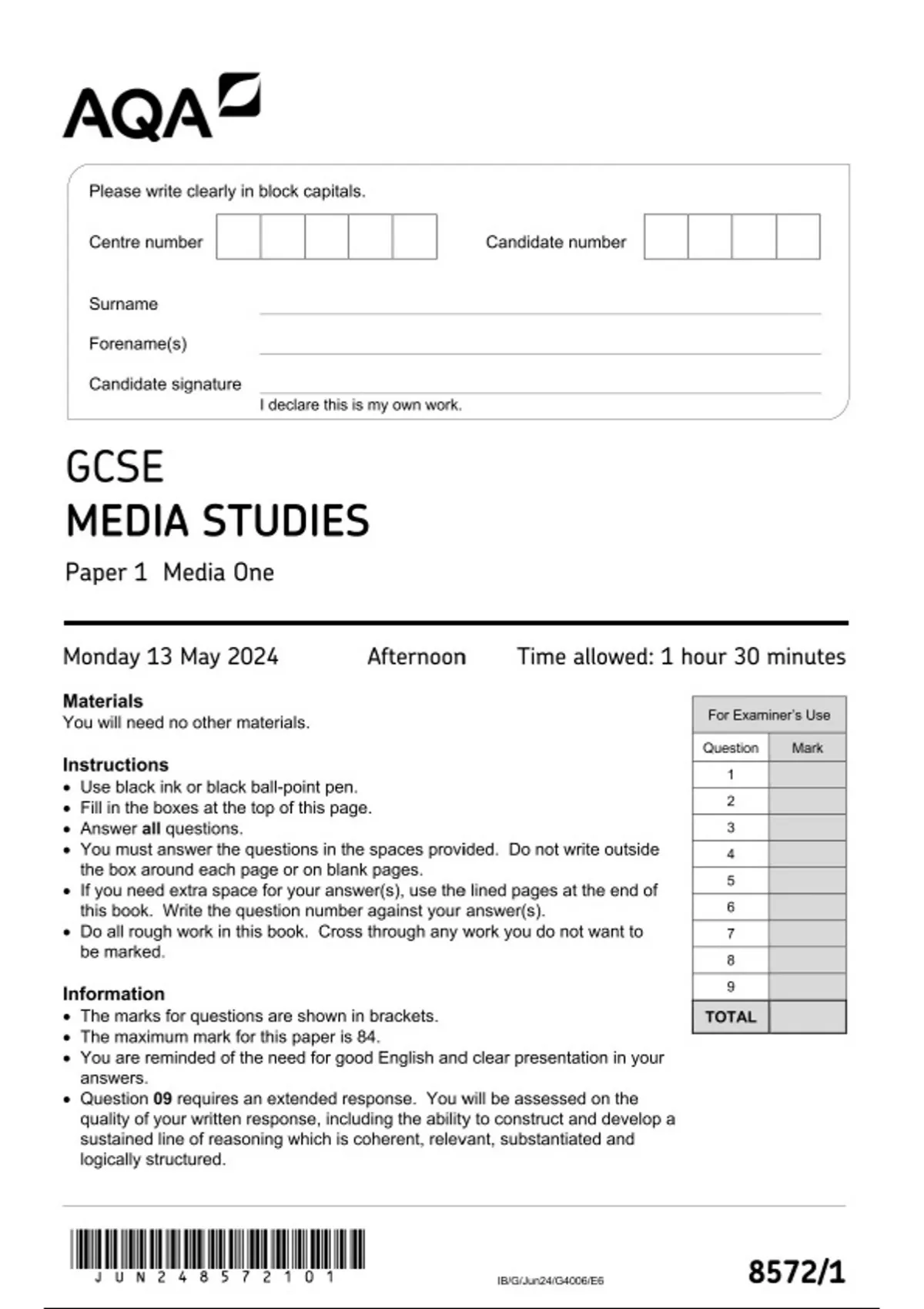 AQA GCSE MEDIA STUDIES Paper 1 and 2 JUNE 2024 QUESTION PAPERS AND MARK ...