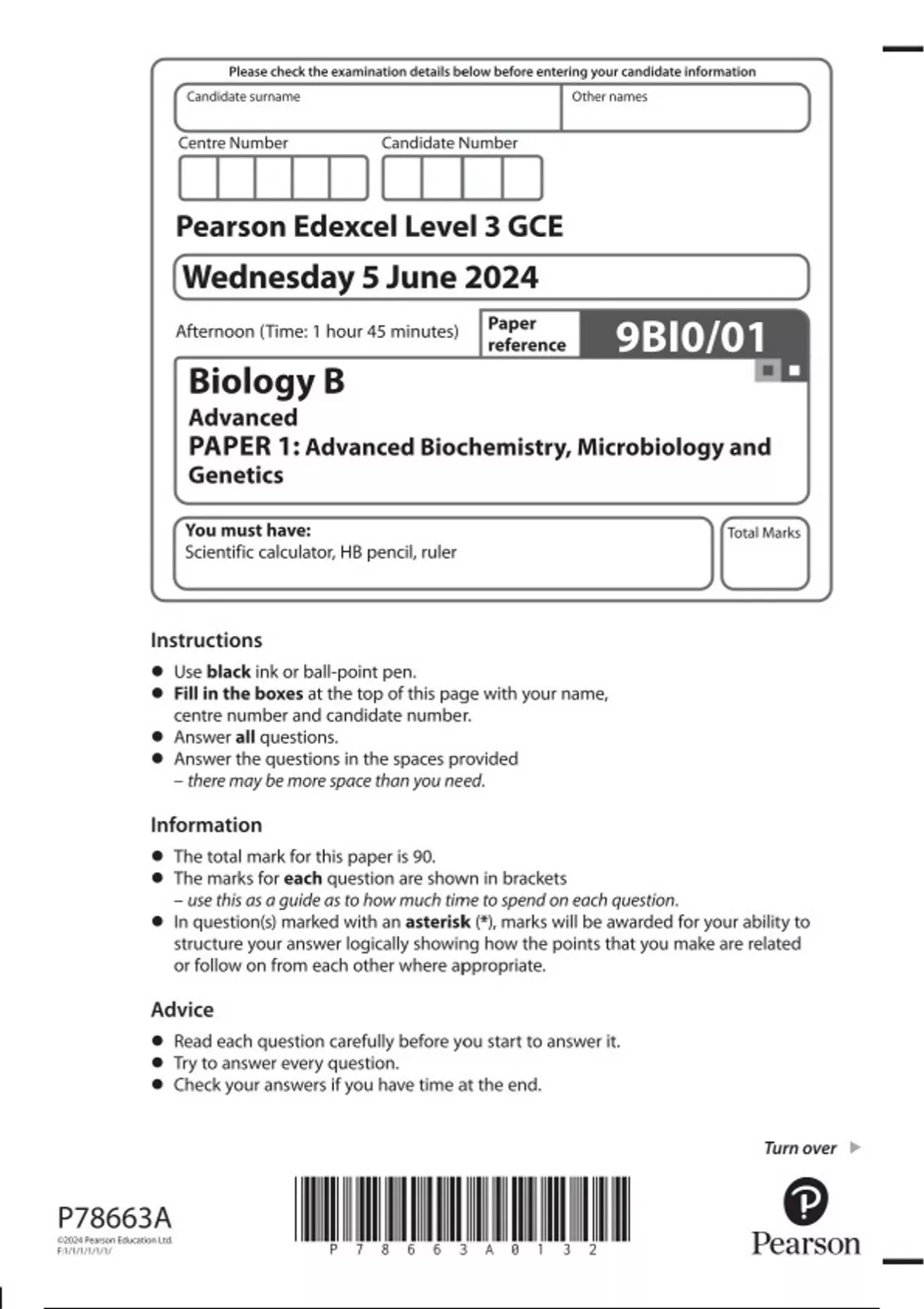 Pearson Edexcel Level 3 GCE Biology B Advanced PAPER 1 JUNE 2024 ...