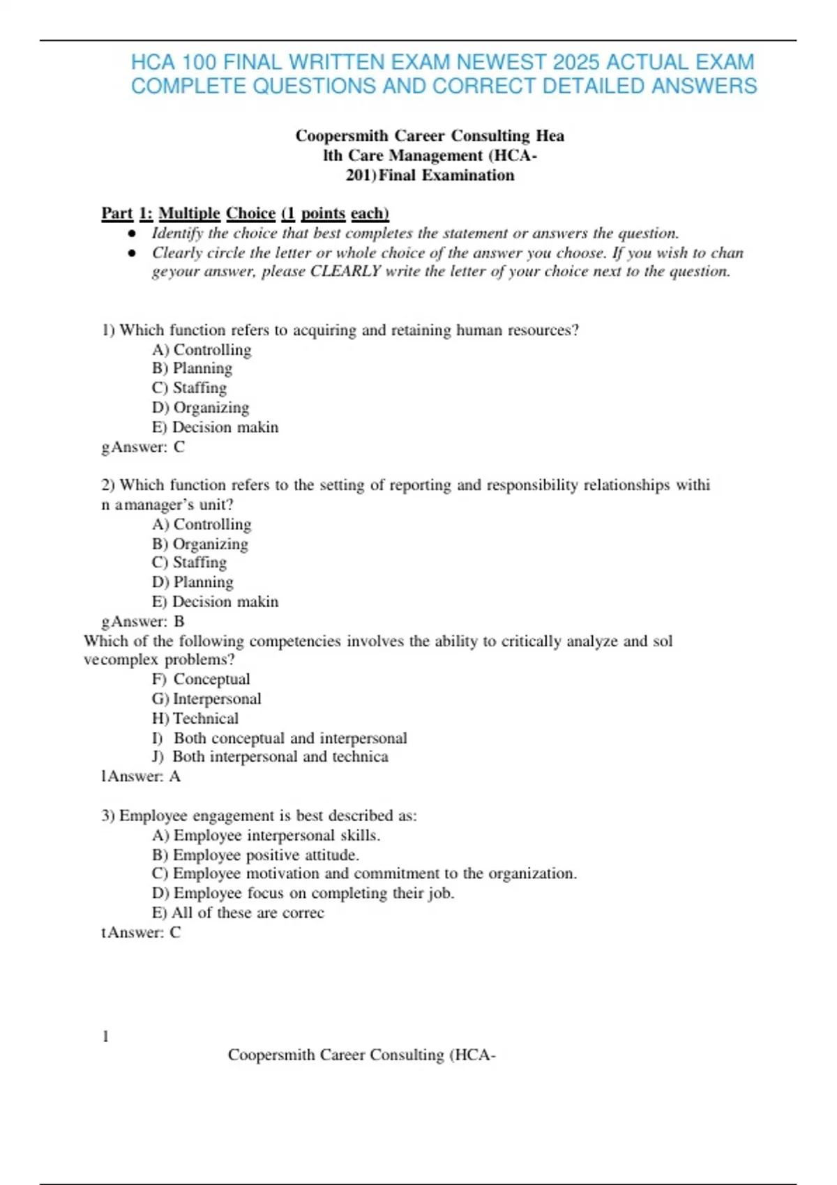 Hca 100 final written exam newest 2025 actual exam complete questions ...